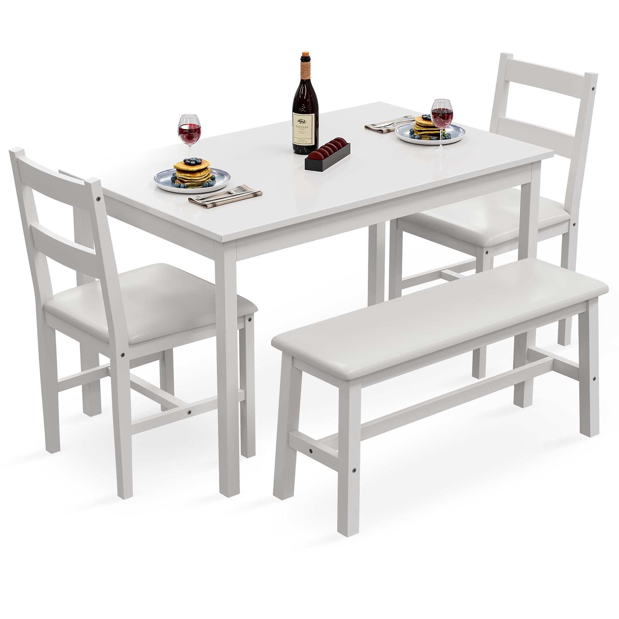 Alohappy 4-Piece White Dinette Set: Rectangular Wood Dining Table, 2 PU ...