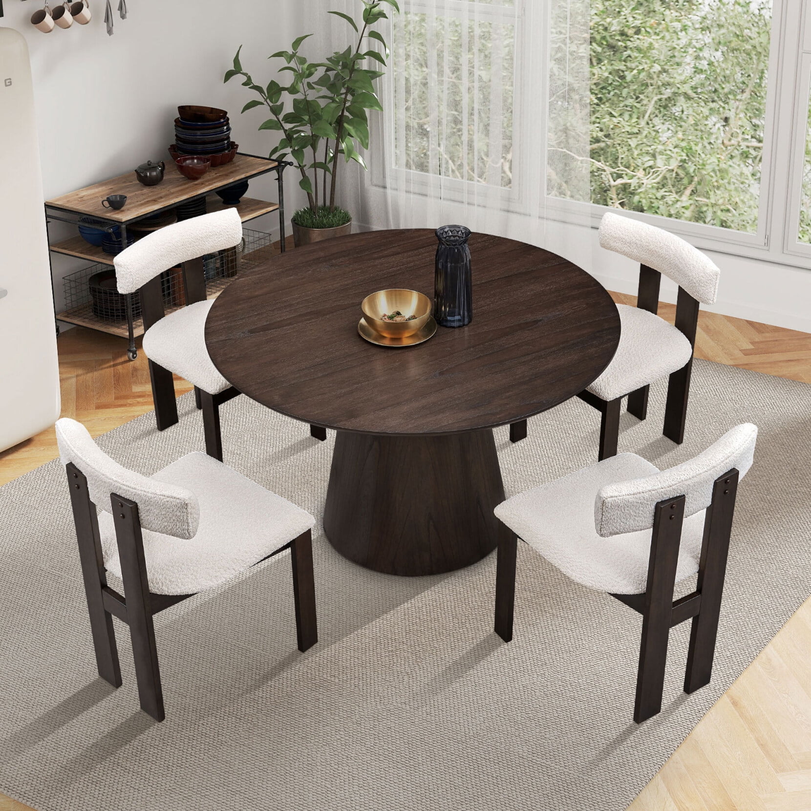 Dining Table Set for 4, 47.24 Inch Round Table and 4 Upholstered Dining ...
