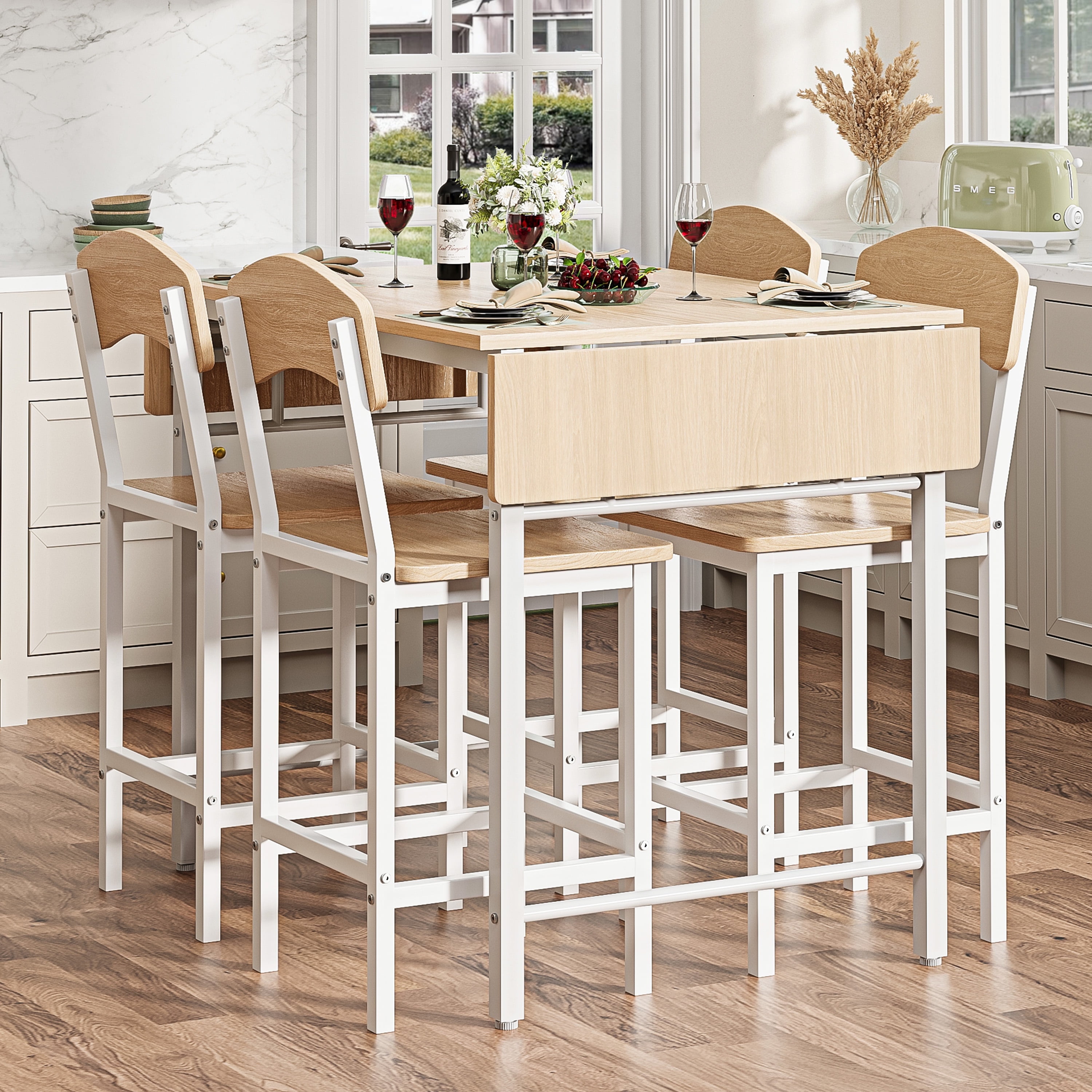 5 Piece Counter Height Dining Set with Stools, Drop Leaf High Top Table ...