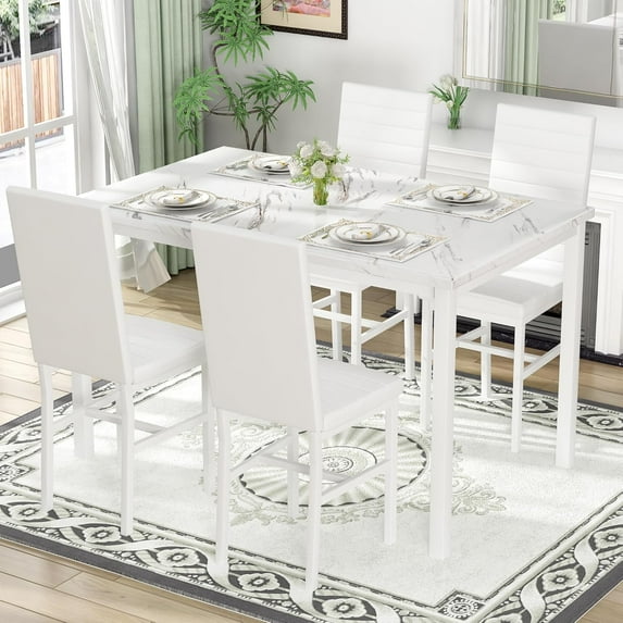Dining Table Set for 4, 5-Piece Faux Marble Dinner Table Set with 4 ...
