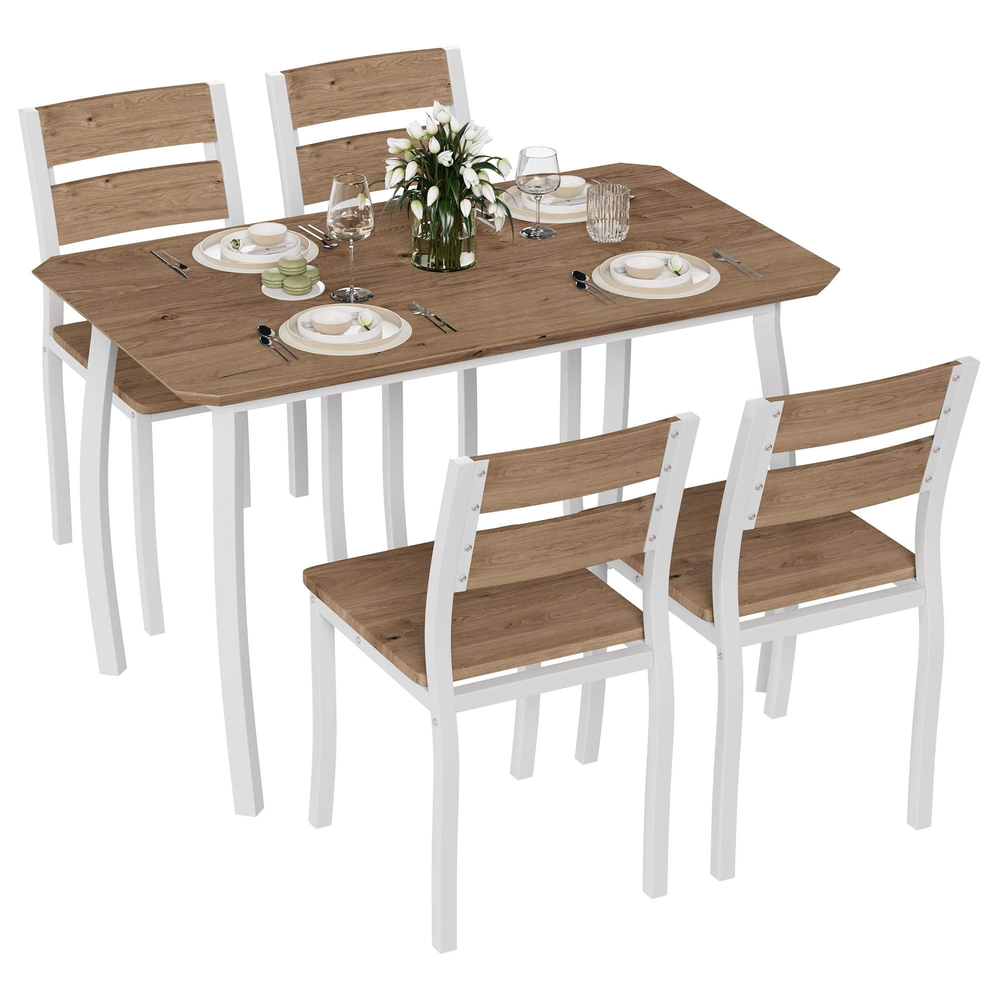 Dining Table Set for 4, 5 Piece Modern Metal & Wood Dining Room Table ...