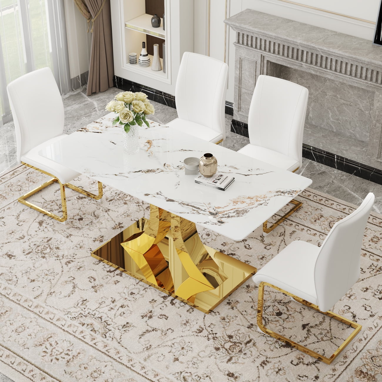 Dining Table Set for 4, 5 Piece Dining Table Set, Cold Jade Patterned ...