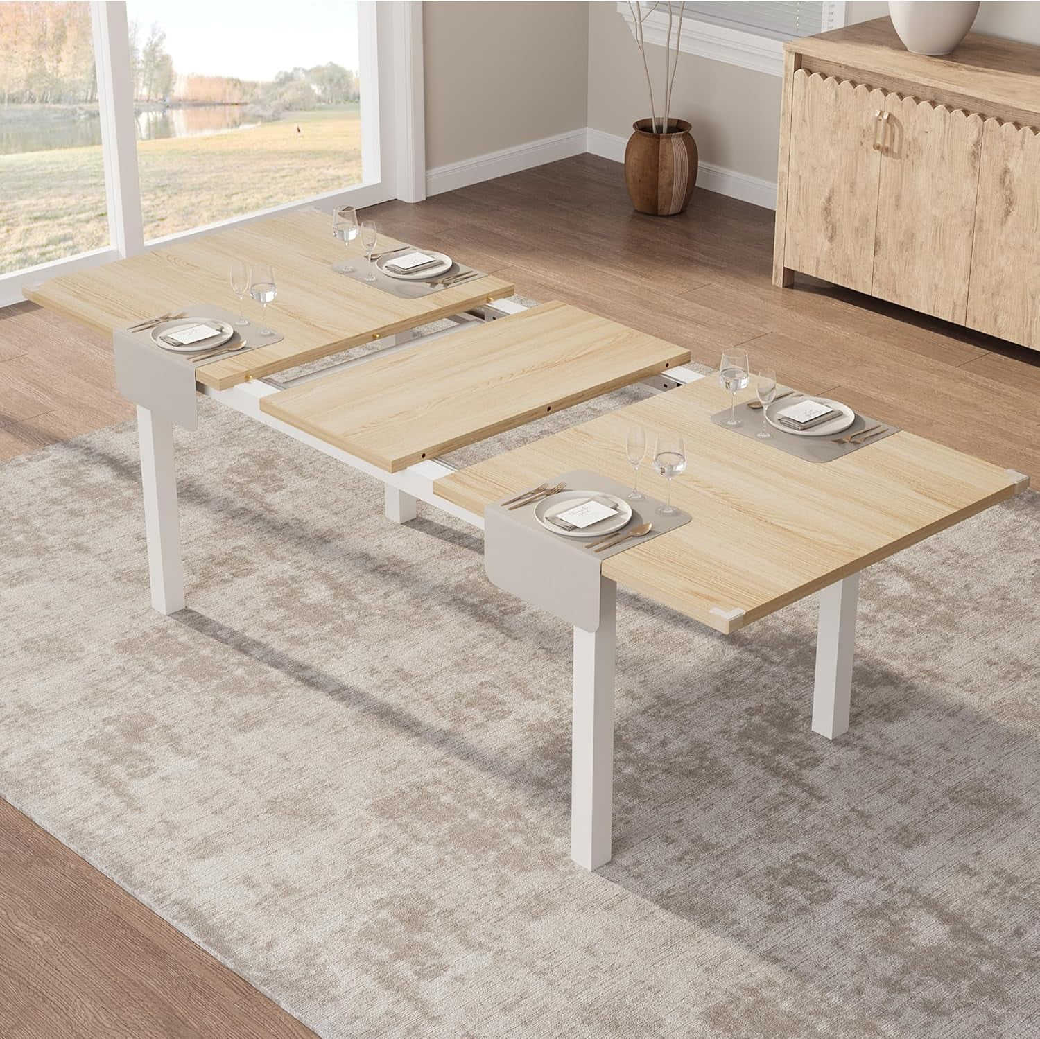 Dining Table Set for 4-6 with Benches/Stools, 63" Large Extendable ...