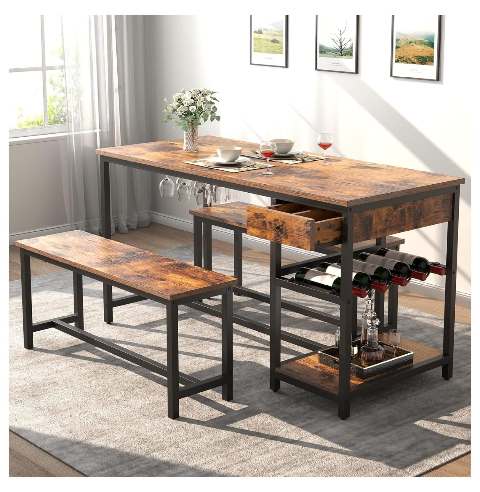 Dining Table Set for 4-6 People, 54.7" Kitchen Dinner Table with 2 ...