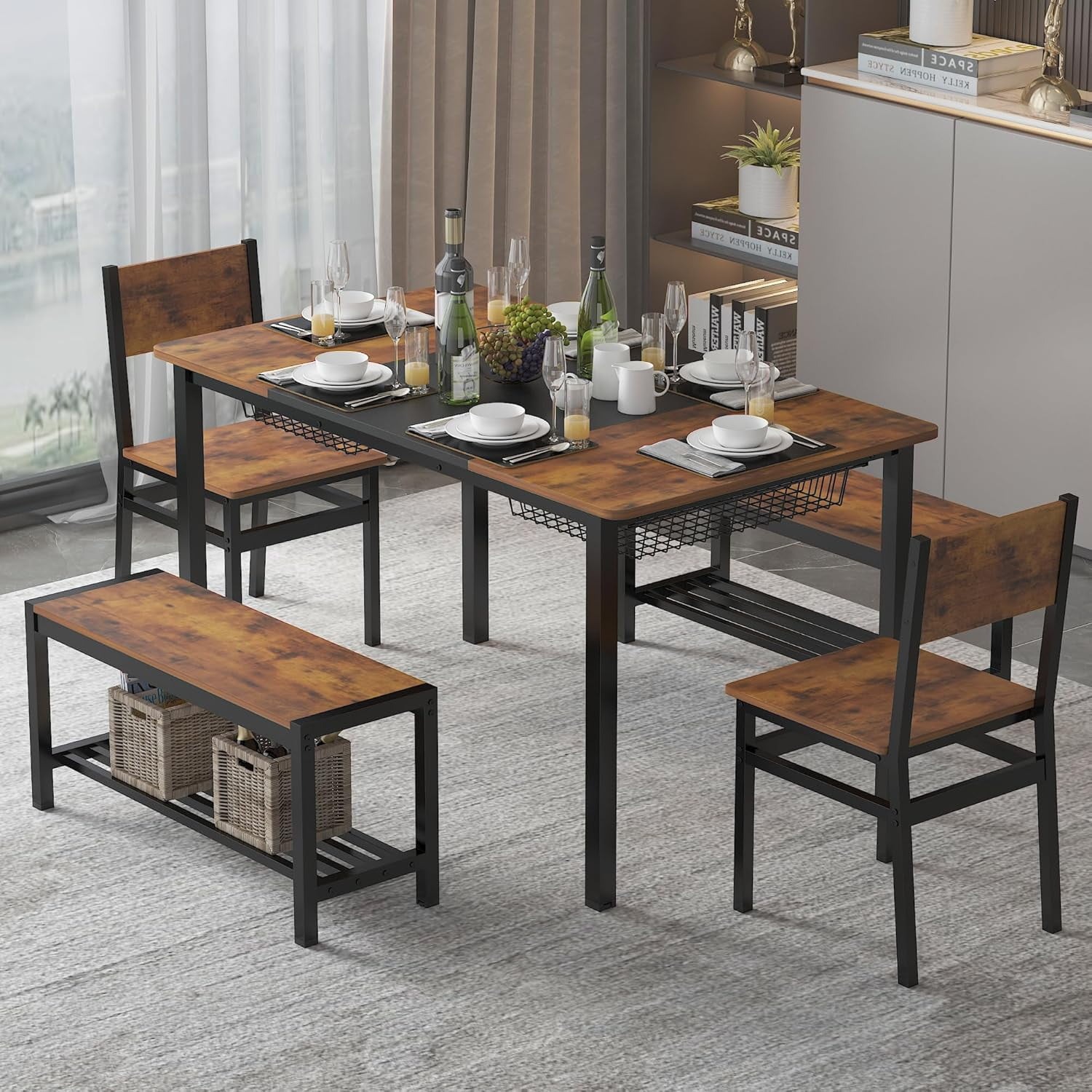 Dining Table Set for 4-6 People,Industrial Dining Table with 2 Benches ...