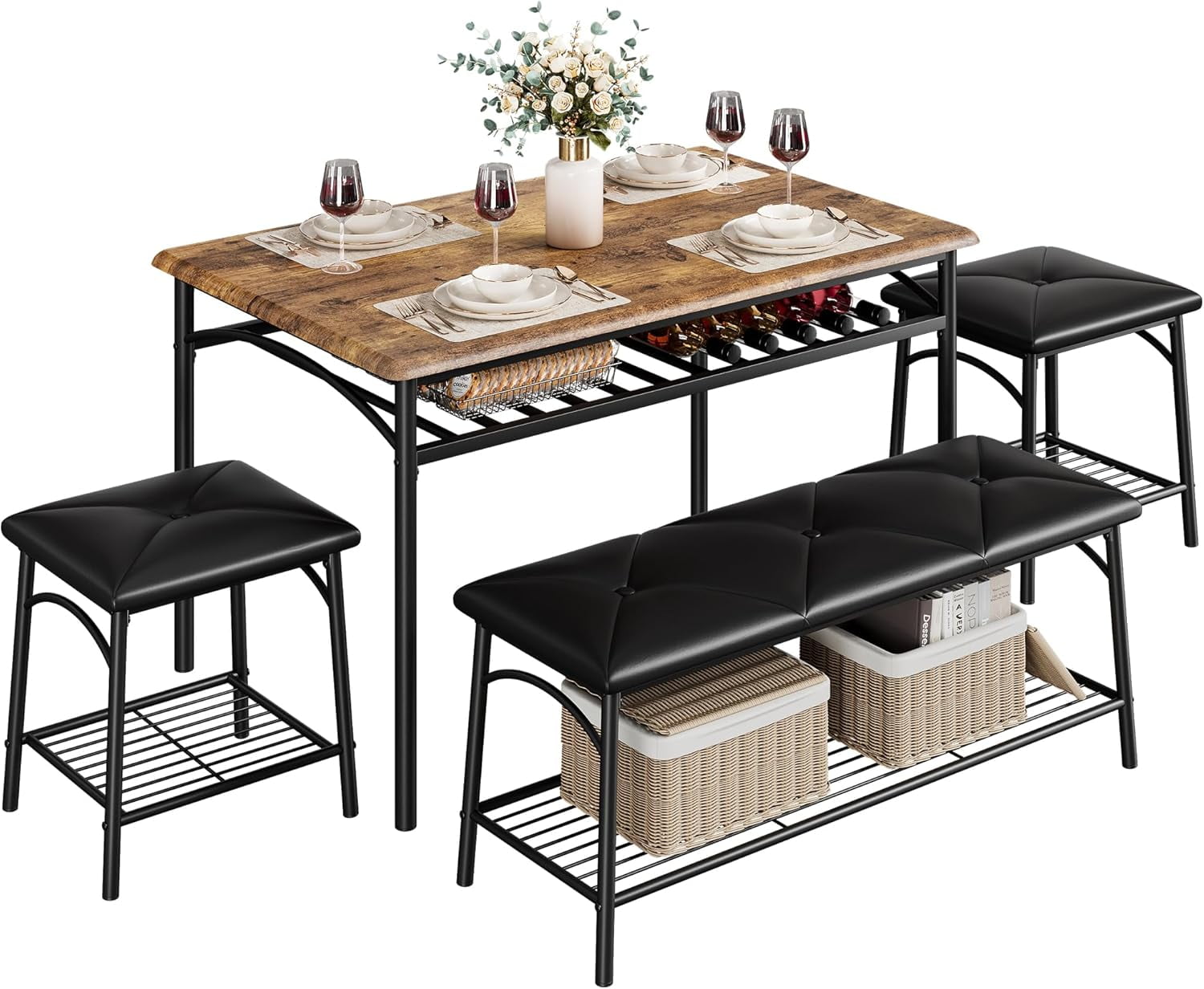 Dining Table Set for 4 With Benche/Stools Kitchen Table Set With ...