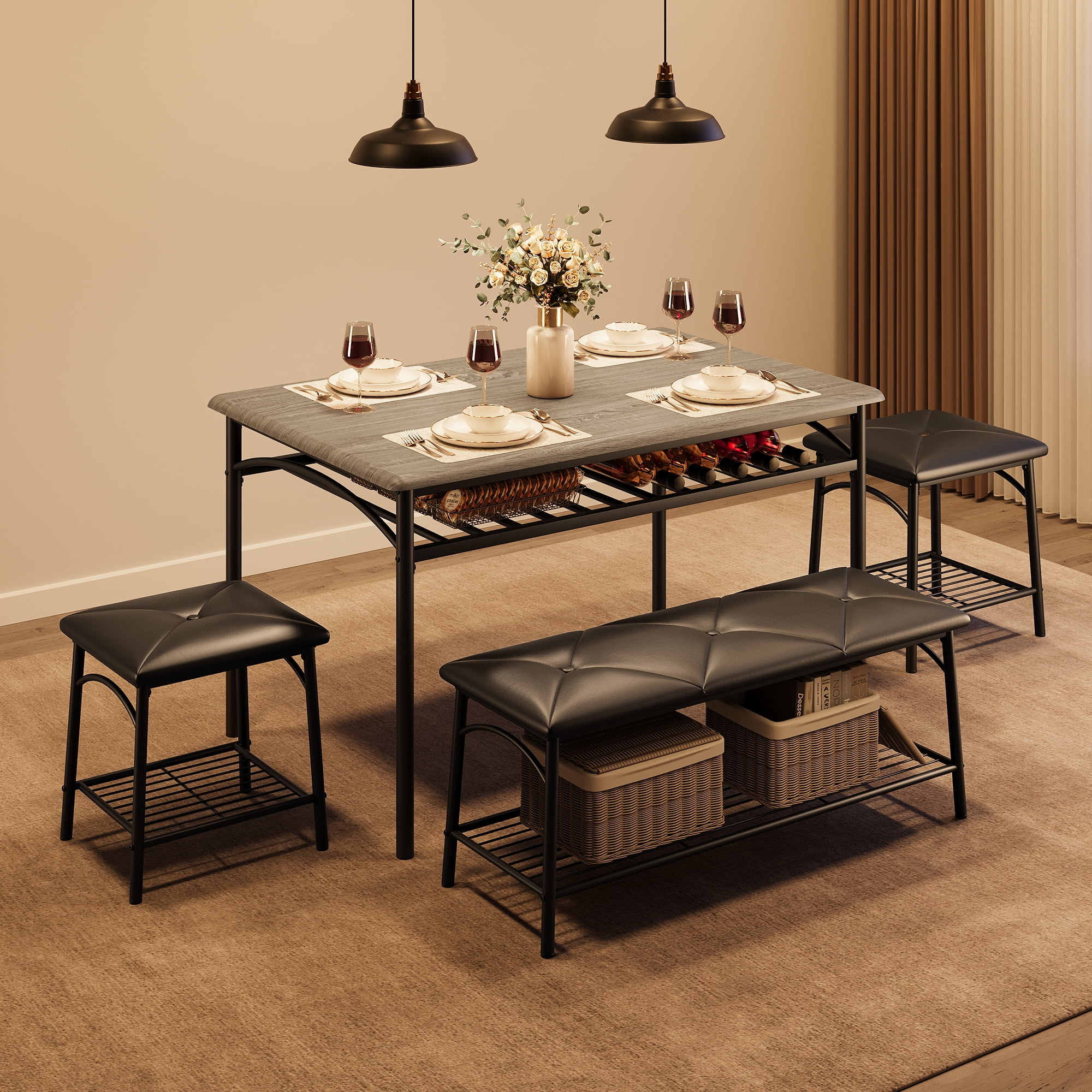 Dining Table Set for 4 with Benche/Stools Kitchen Table Set with ...