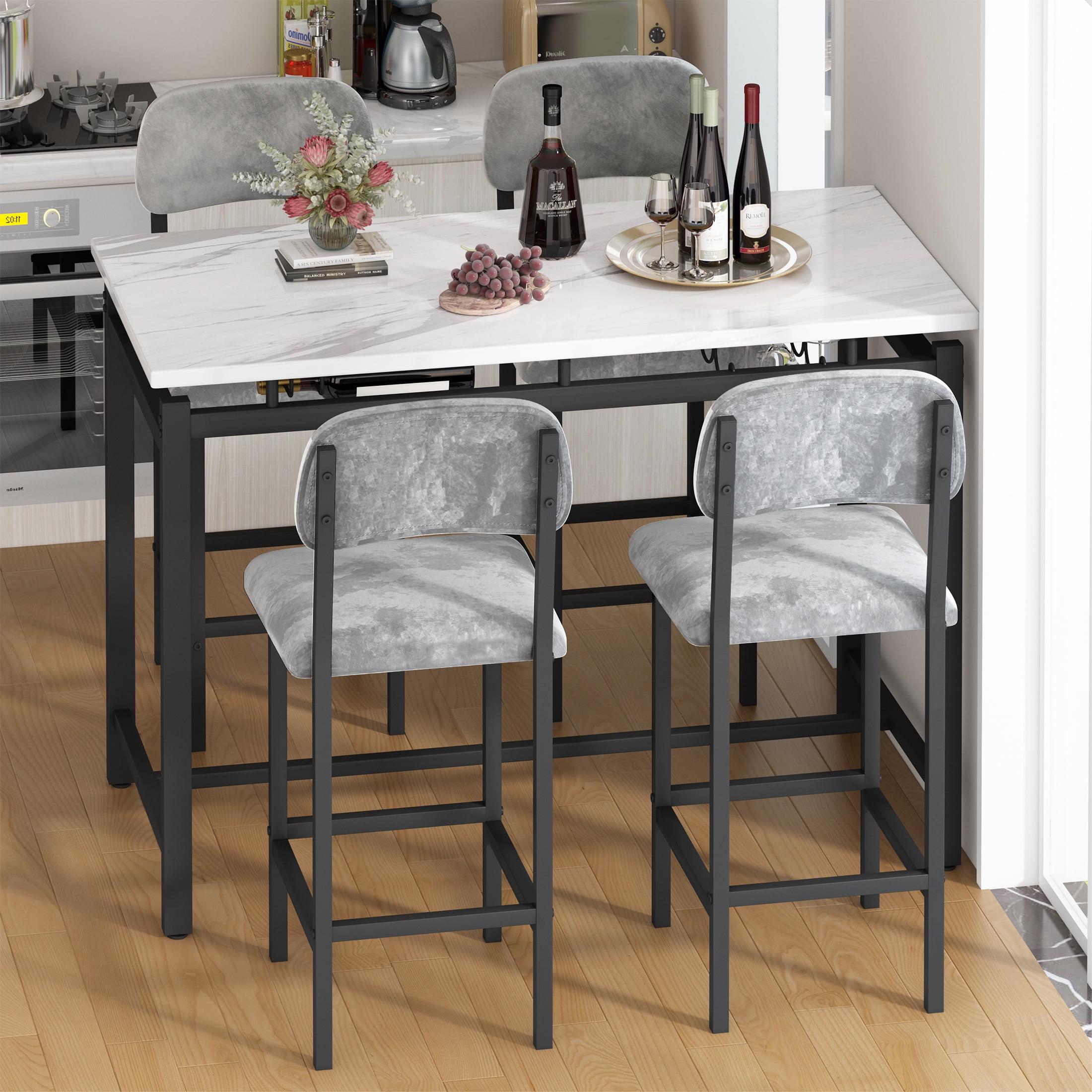 5-Piece Counter Height Dining Set, Modern Kitchen Table & 4 Stools, PU ...