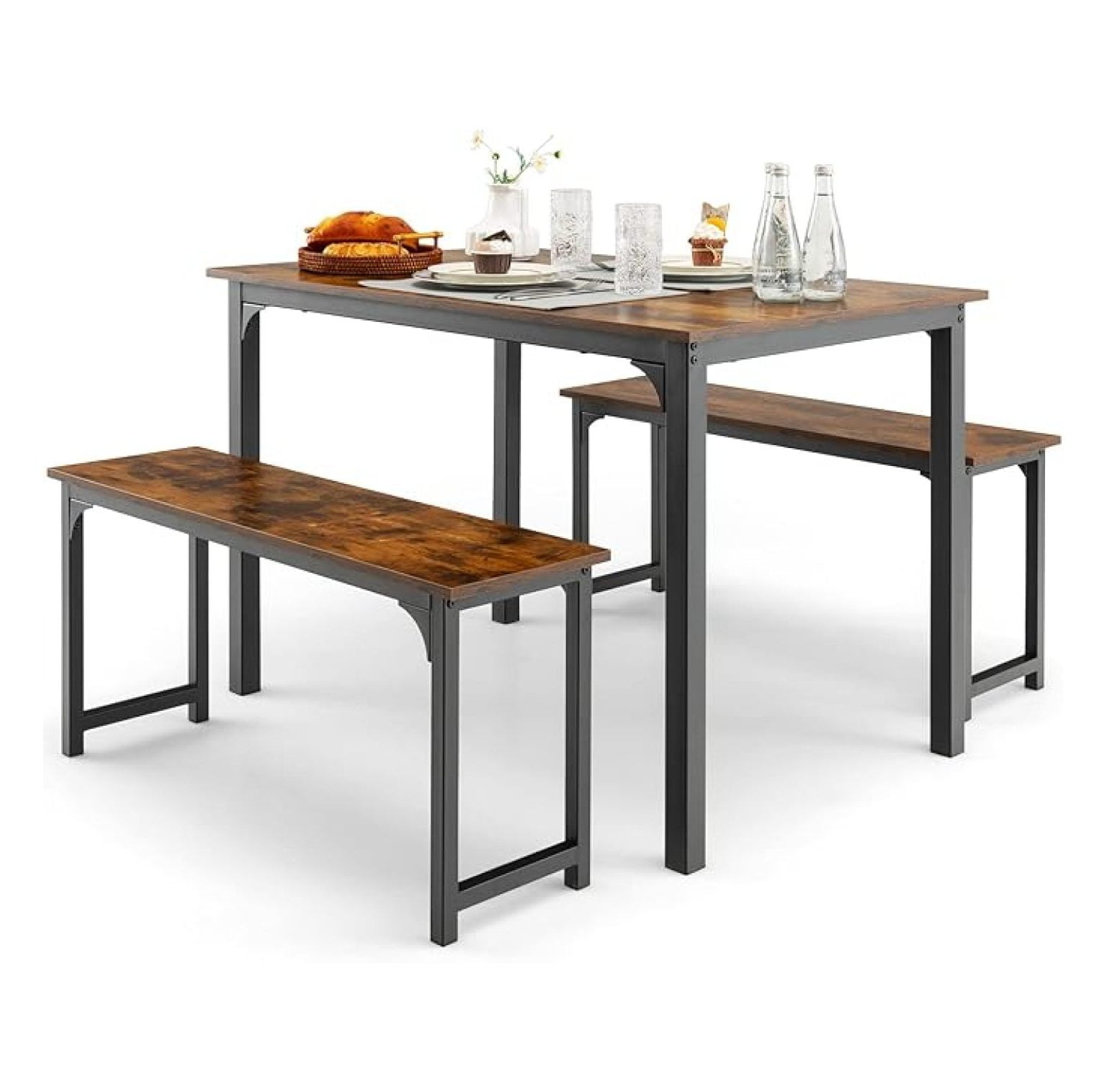 Dining Table Set for 4, Industrial Kitchen Table Set w/ 2 Benches ...