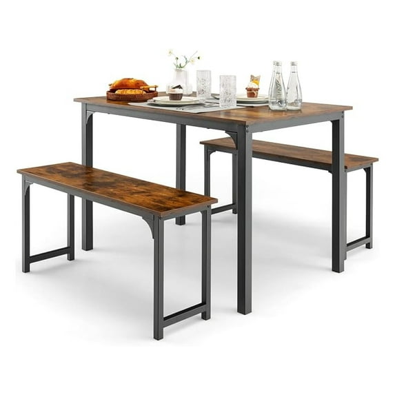 Dining Table Set for 4, Industrial Kitchen Table Set w/ 2 Benches ...