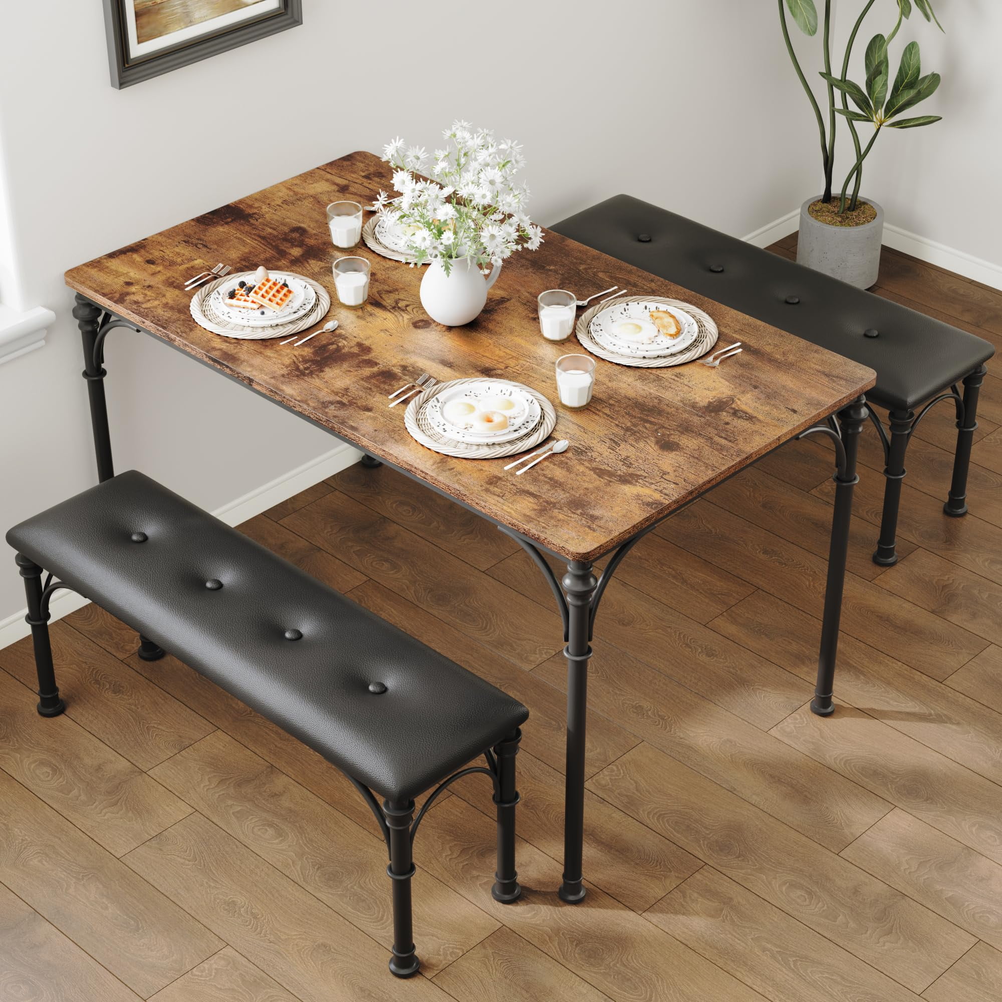 Dining Table Set for 4, Kitchen Table with Benches, Rectangular Dining ...