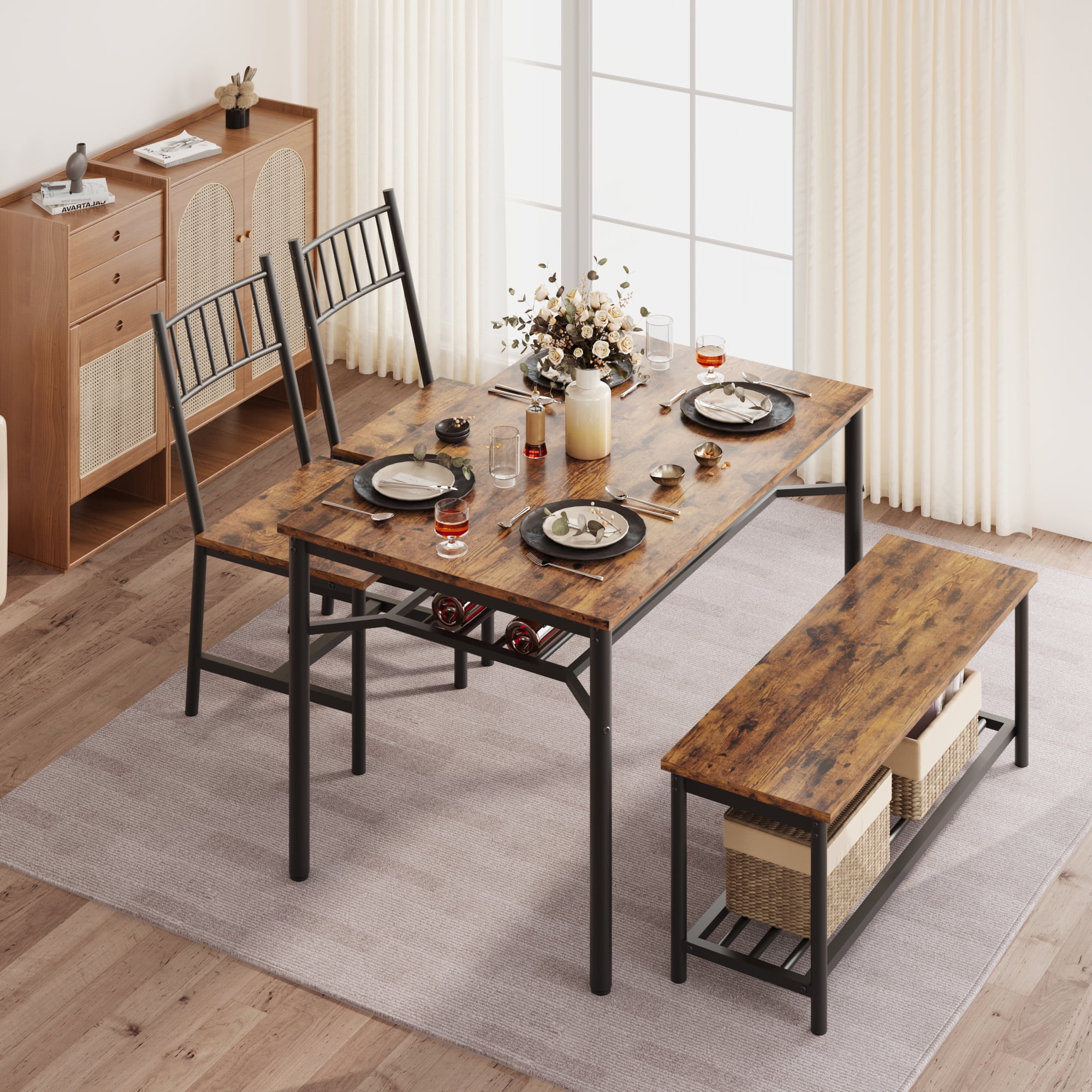 Dining Table Set for 4, Kitchen Table and 2 Chairs with Storage Bench ...