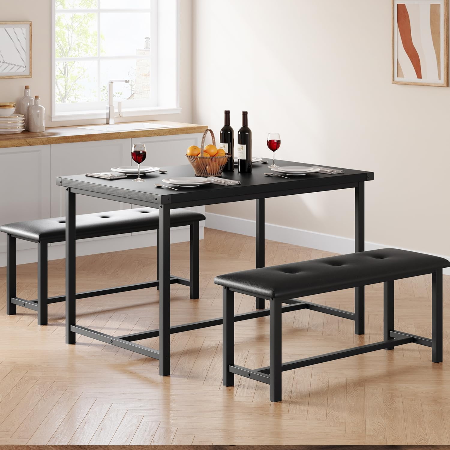 Dining Table Set for 4, Kitchen Table with 2 Upholstered Benches ...