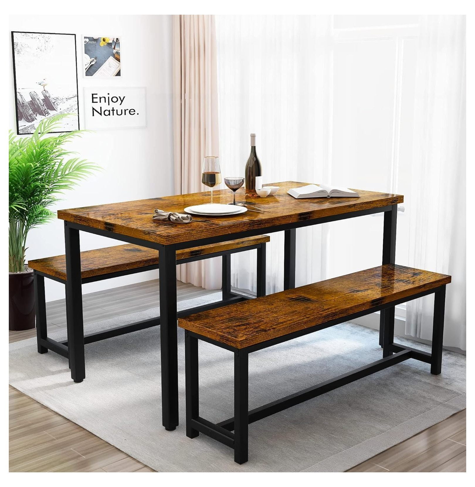 Dining Table Set for 4, Kitchen Table Set with 2 Benches, 3 Piece ...