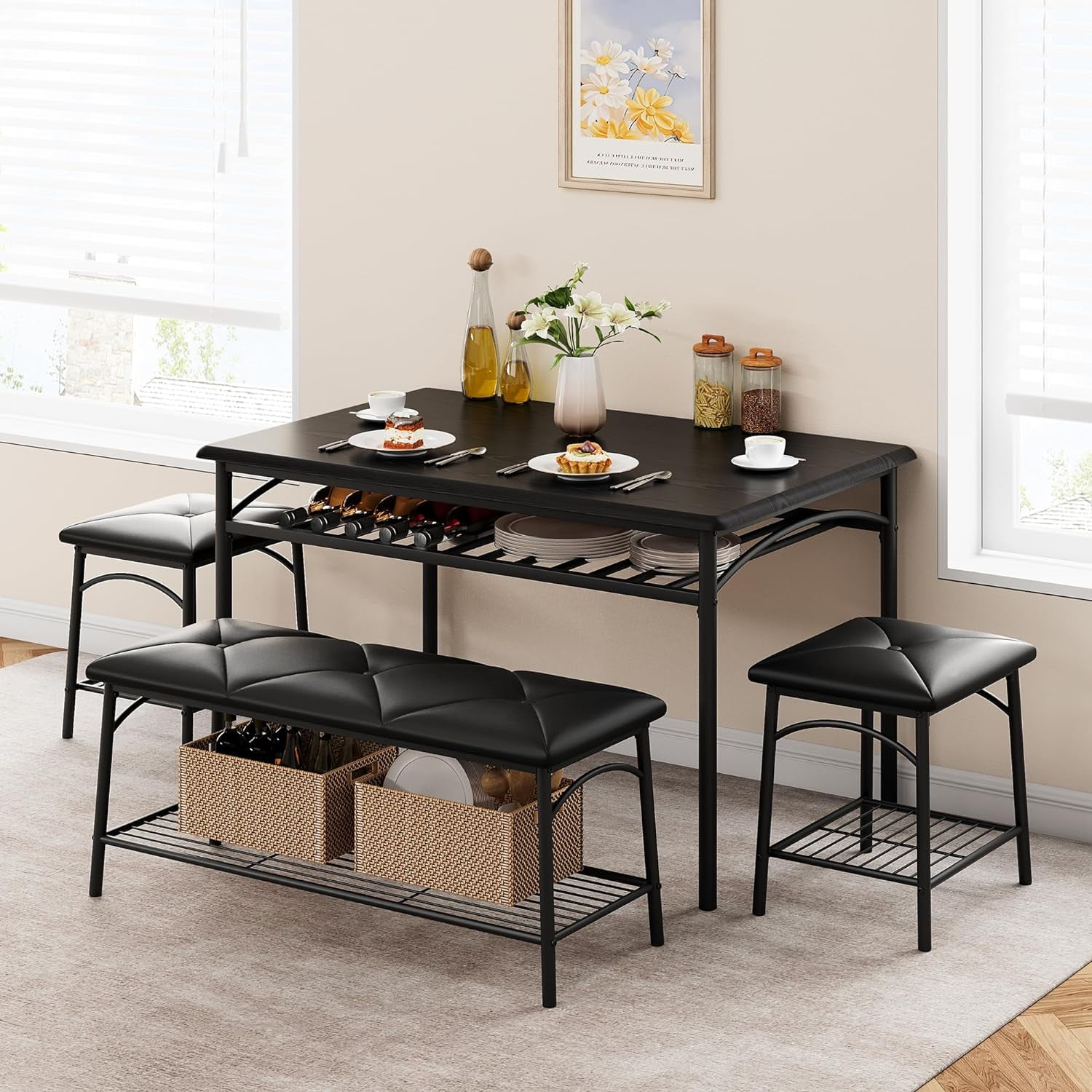 Dining Table Set with Upholstered and Stools Dining Set with Storage ...