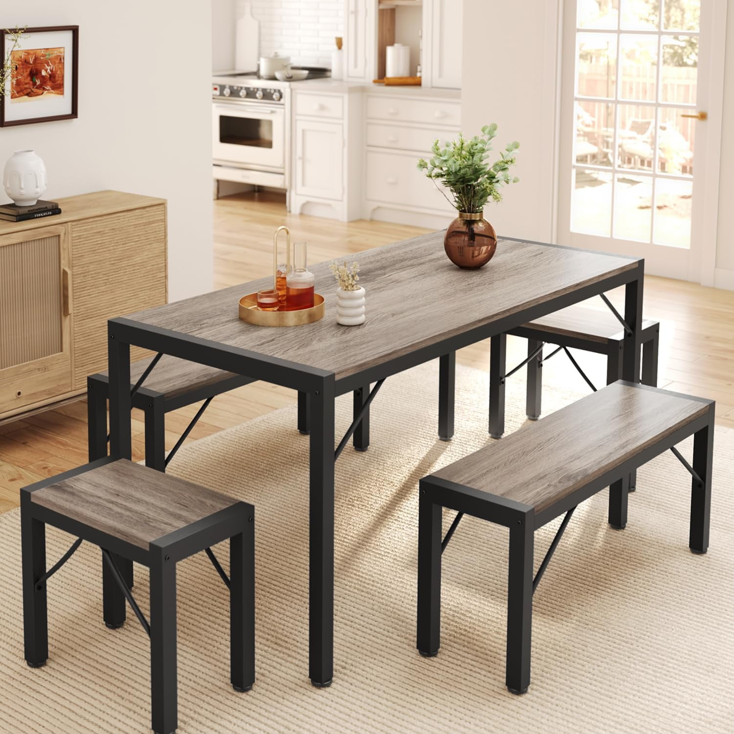 Dining Table Set for 4, Kitchen Table with Upholstered Chairs and Bench ...