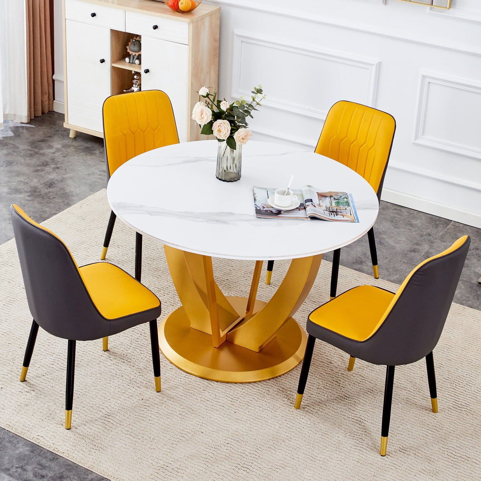 Dining Table Set for 4, Luxurious Snow Mountain White Slab Round Dining ...