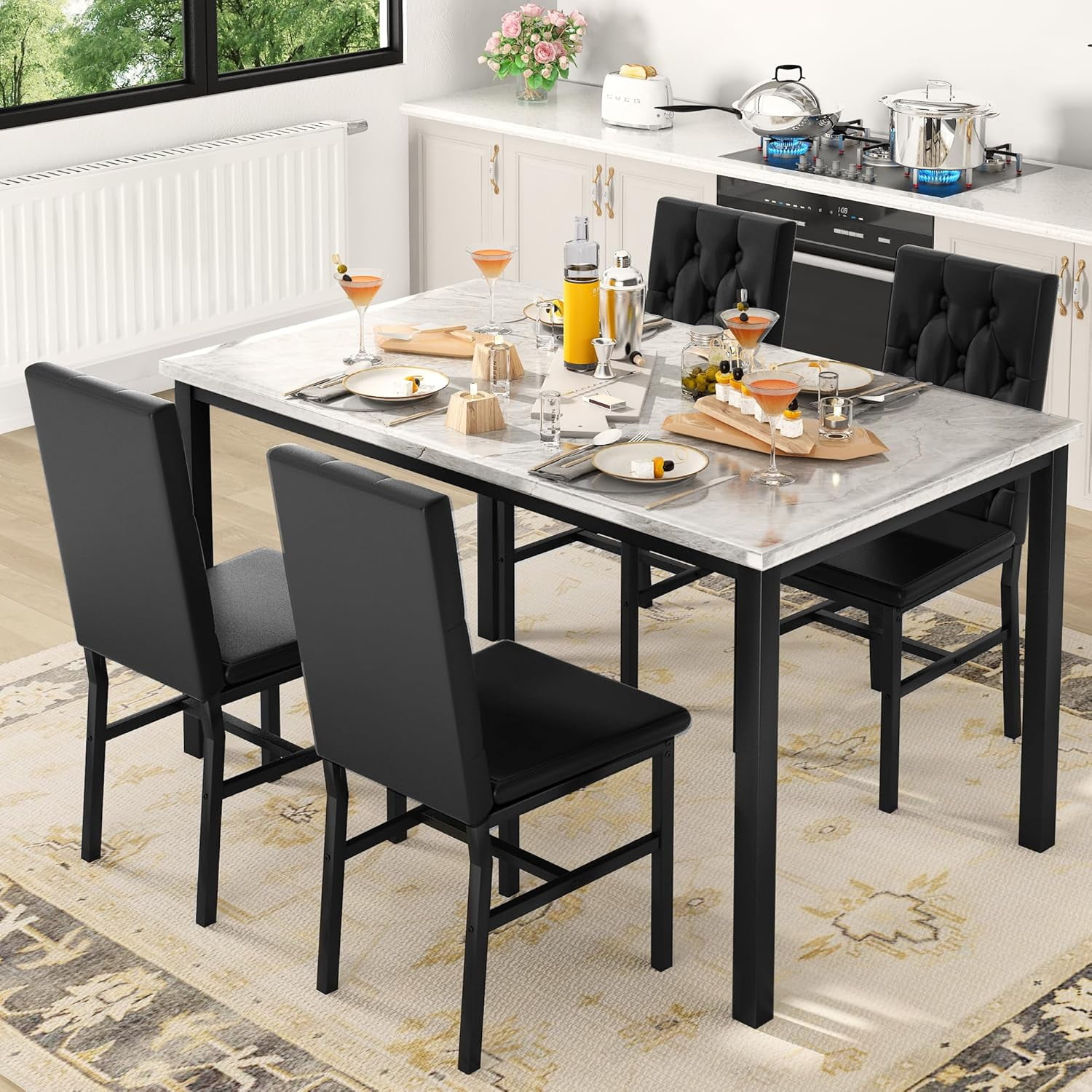 Dining Table Set for 4, Marble Kitchen Table Set, Western European ...