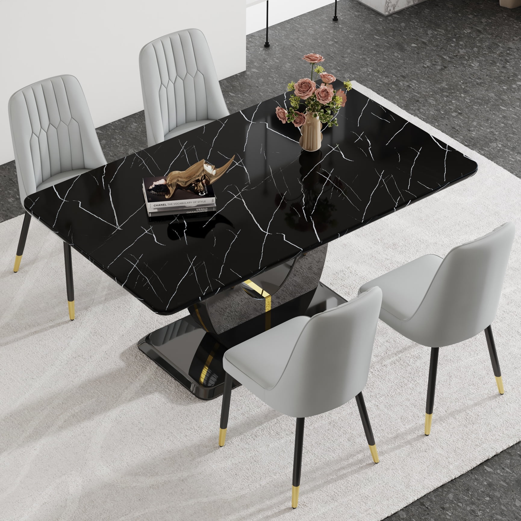 Dining Table Set for 4, Marble MDF Dining Table, 4 Spliced PU Chairs ...