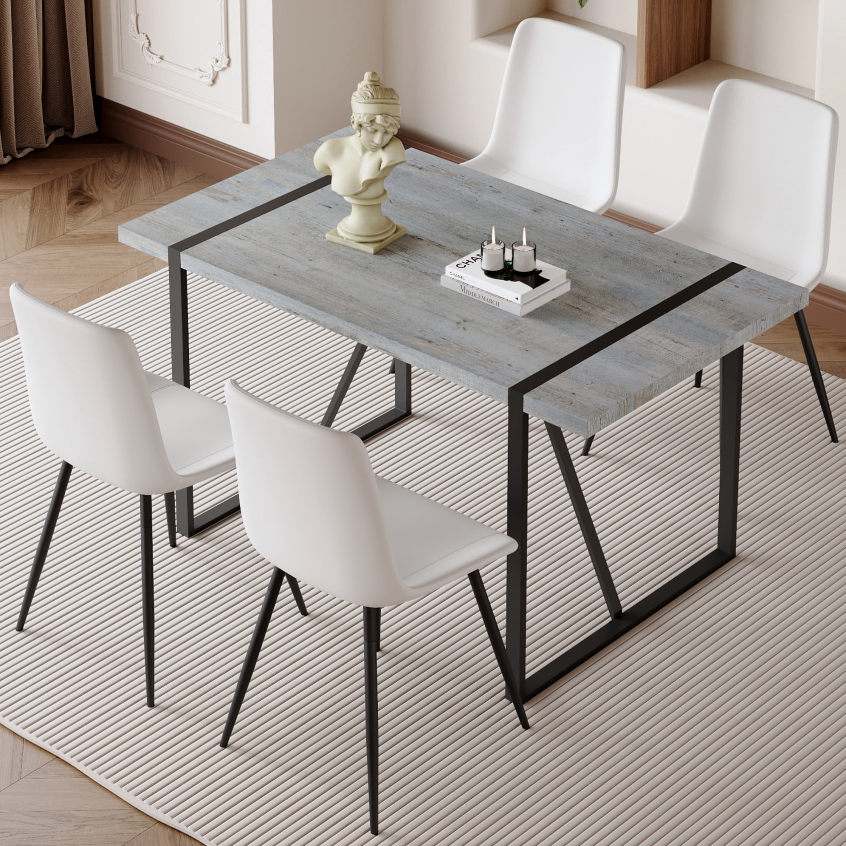 Dining Table Set for 4, Marble Textured MDF Dining Table with Metal ...