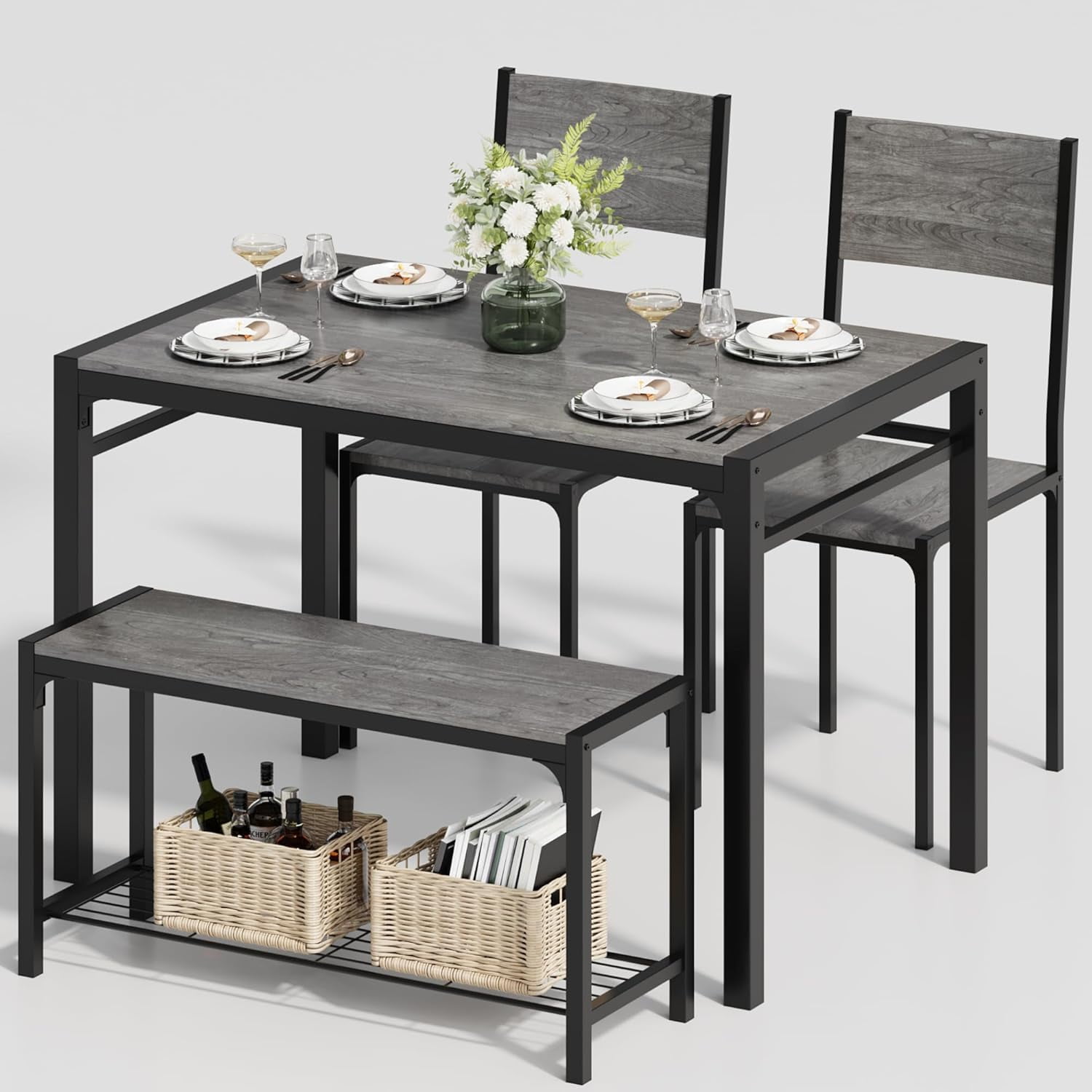 Dining Table Set for 4, Modern Kitchen Table Bench and Chairs ...