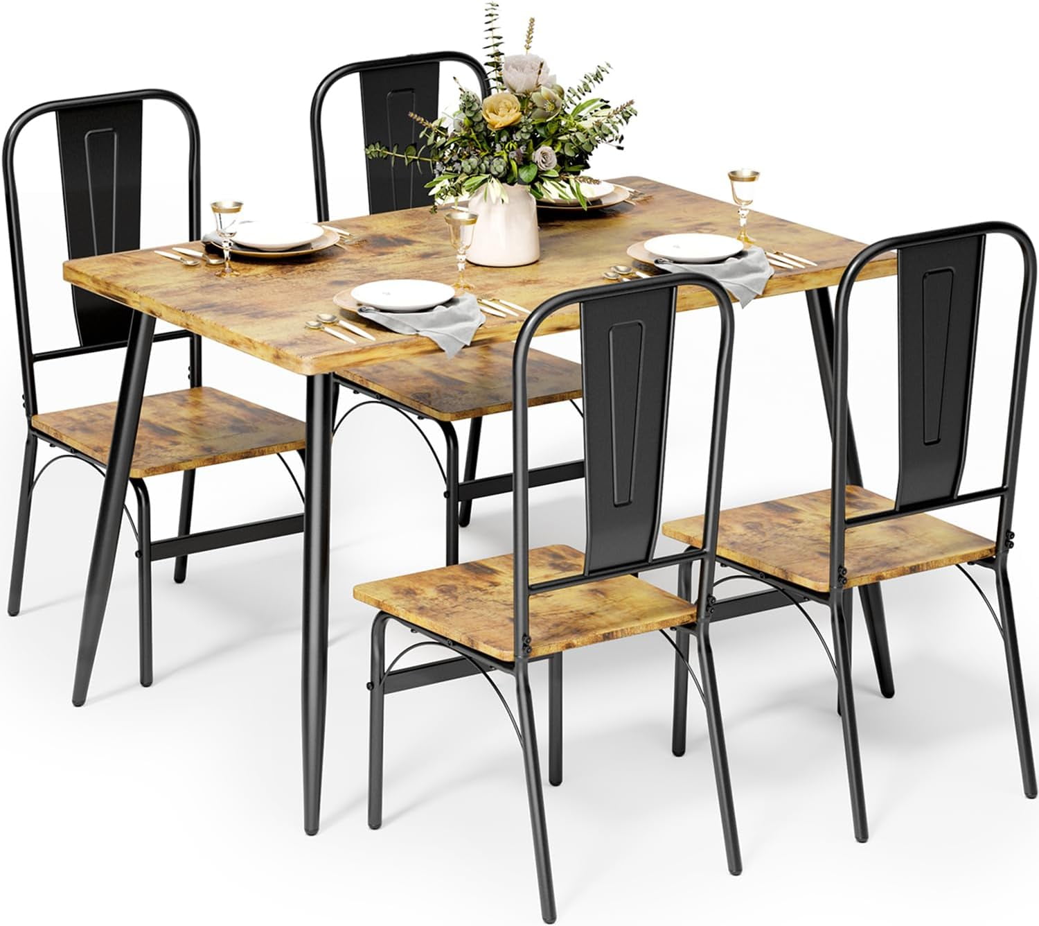 Dining Table Set for 4 with One Table and Four Chairs, Small Space ...