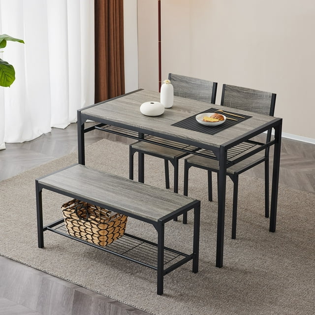 4-Piece Dining Set: Small Spaces Table, 2 Chairs & Storage Bench, Easy ...