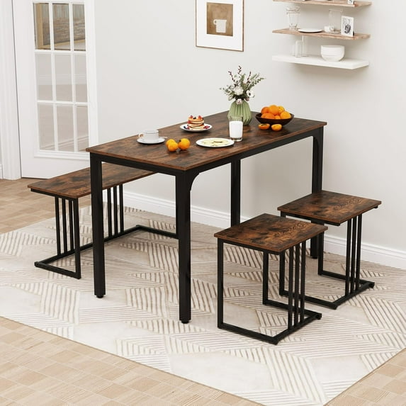 Dining Table Set for 4, Rectangular Dinner Table with 2 Stools & 1 ...