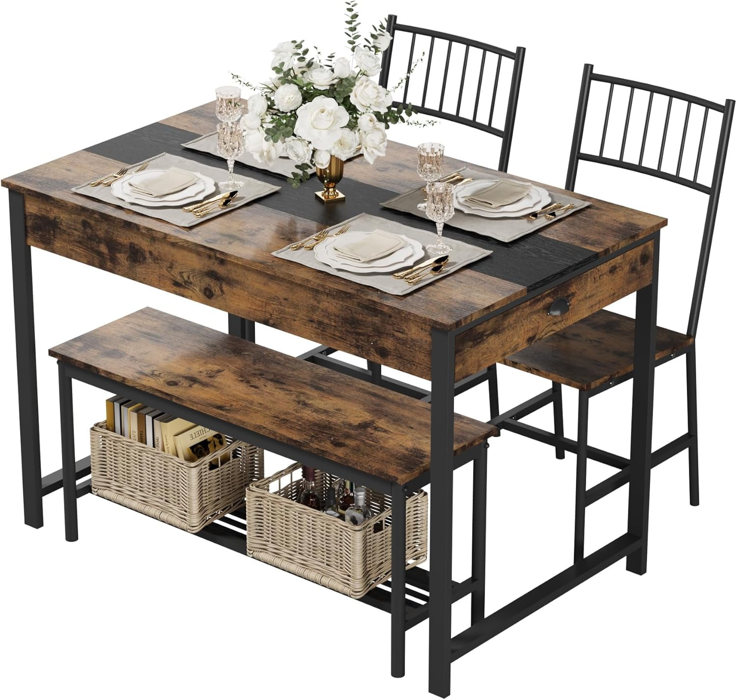 Dining Table Set for 4, Small Kitchen Table and 2 Chairs for 4 with ...