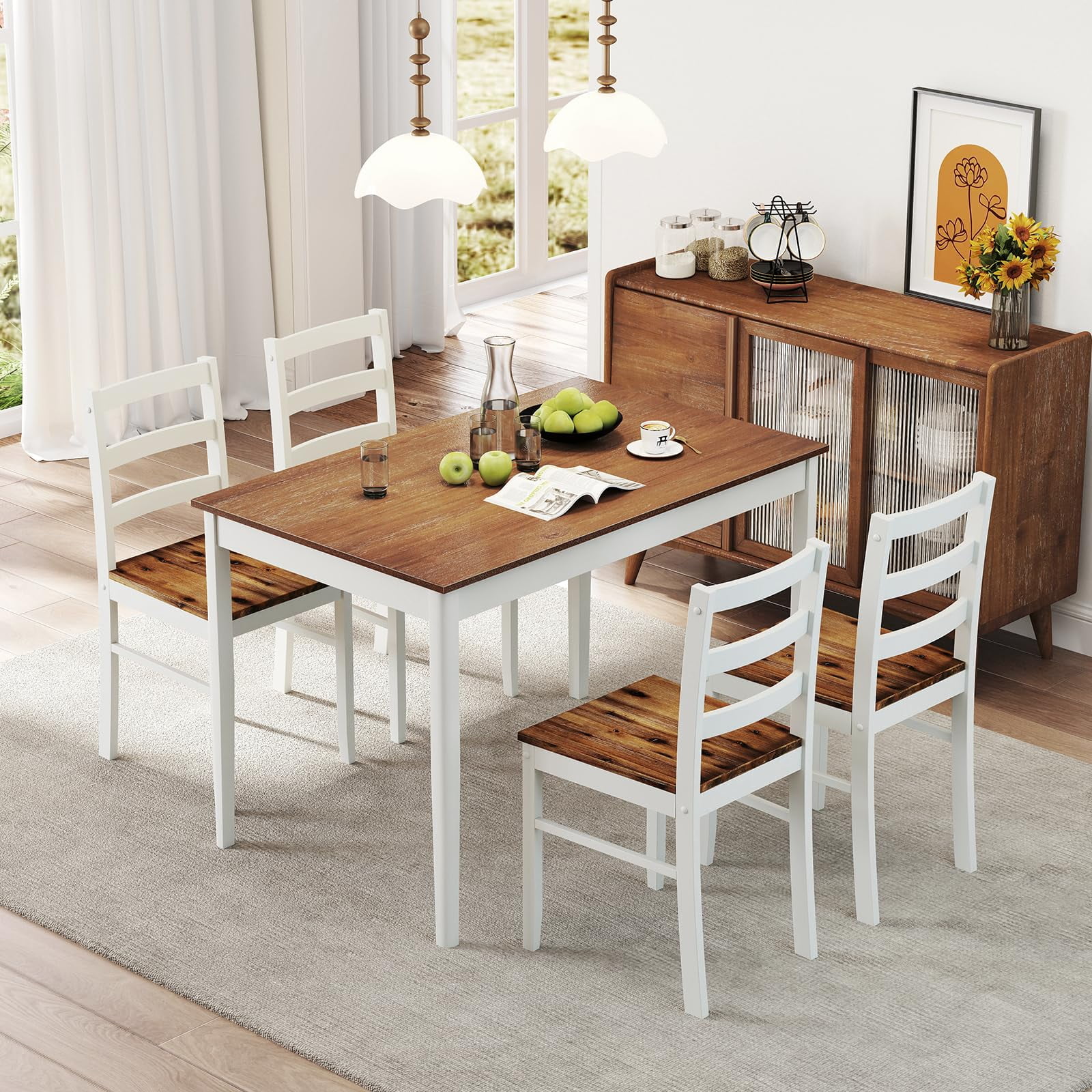 Dining Table Set for 4, Solid Wood Kitchen Table and Chairs, Farmhouse ...