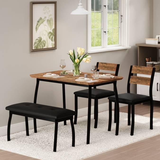 Dining Table Set for 4, Sturdy Wooden Kitchen Table with Chamfer Design ...