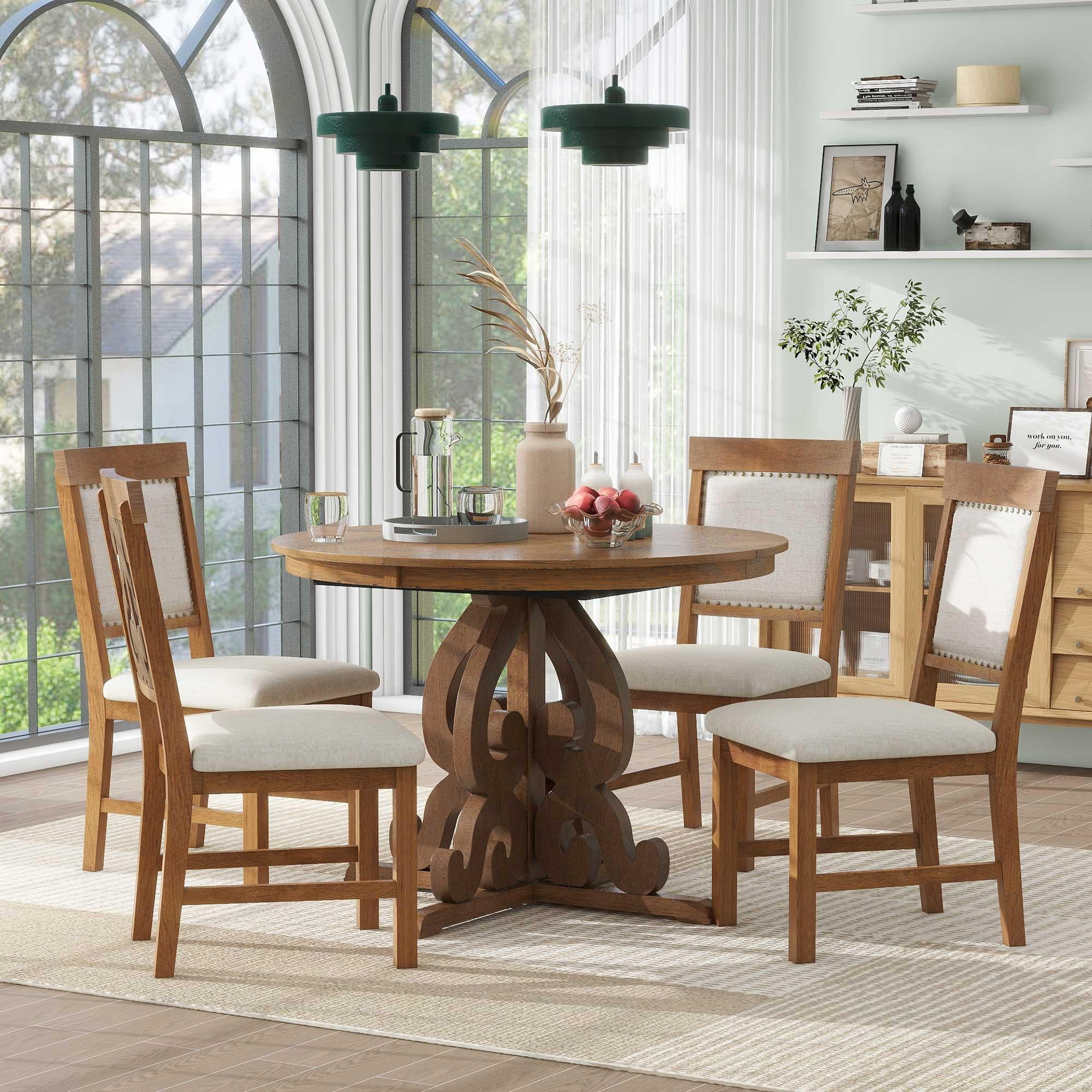 Dining Table Set for 4, TUANLUO Dining Room Set with Extendable Round ...