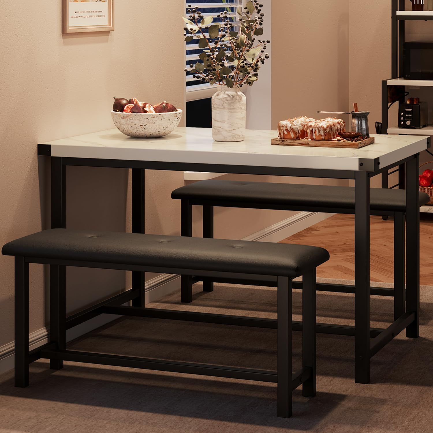 Dining Table Set for 4 with Upholstered Benches, Space-Saving 3 Piece ...