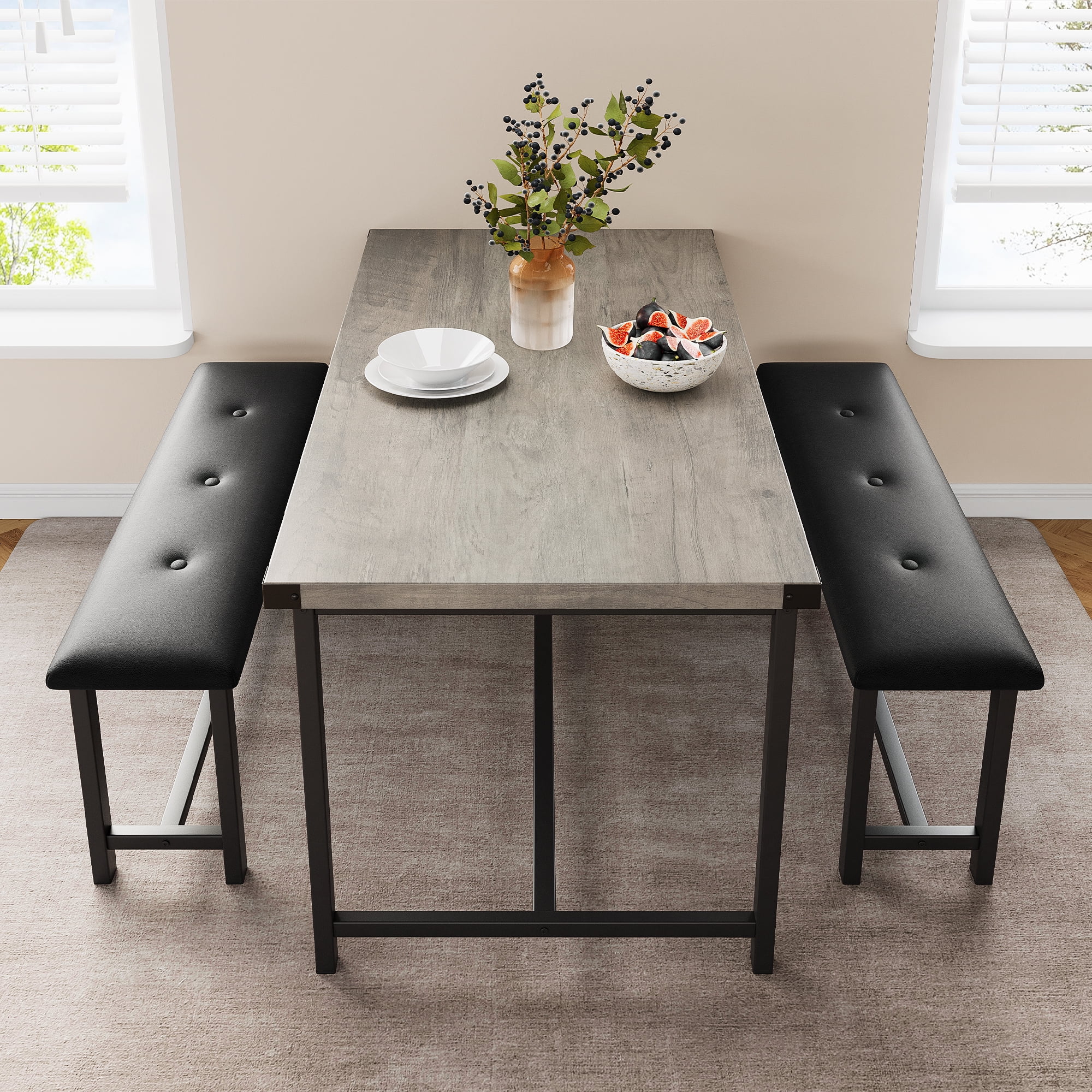 Dining Table Set for 4 with Upholstered Benches, Space-Saving 3 Piece ...