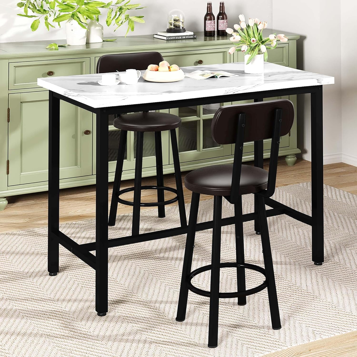 Dining Table Set, 47.2" Rectangle Faux Marble Table with 2 PU Upholstered Backrest Chairs, 3 ...