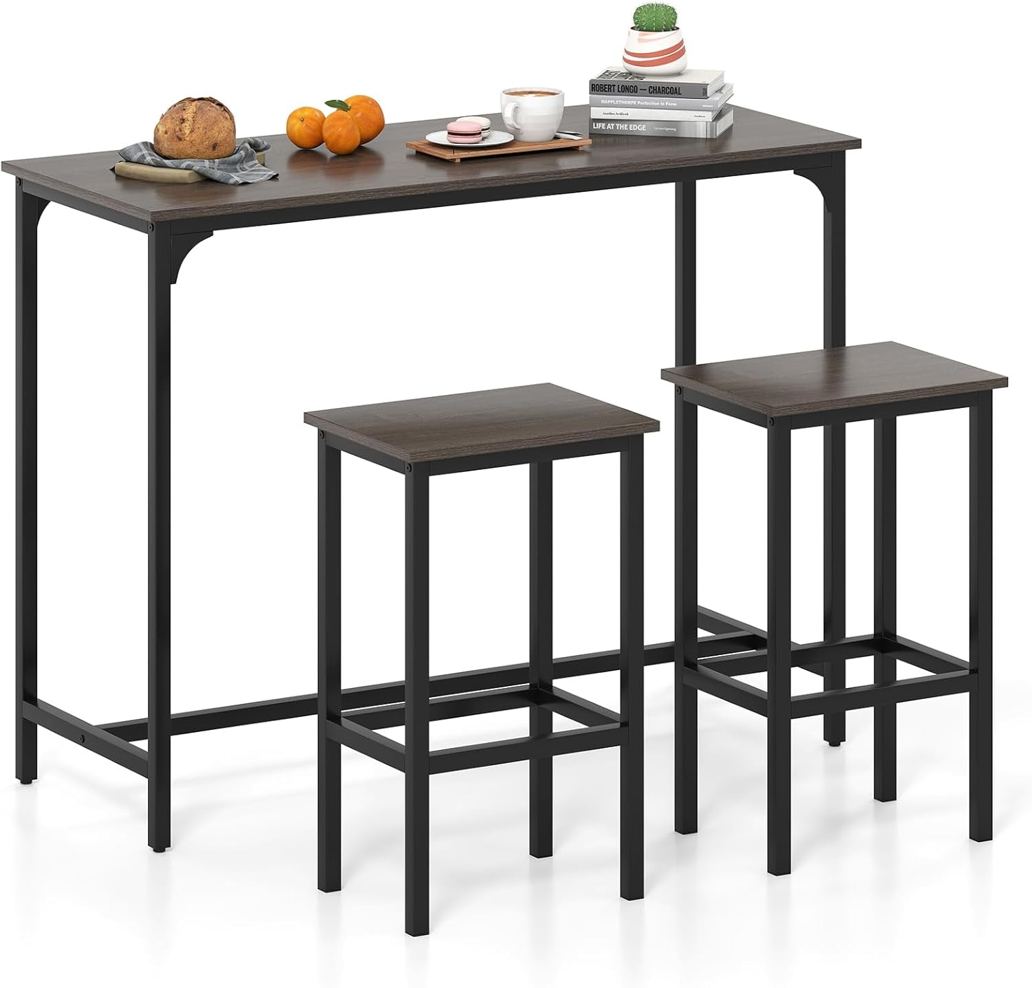 Dining Table Set, 47.5" Rectangular Pub Table with 2 Stools, Metal ...