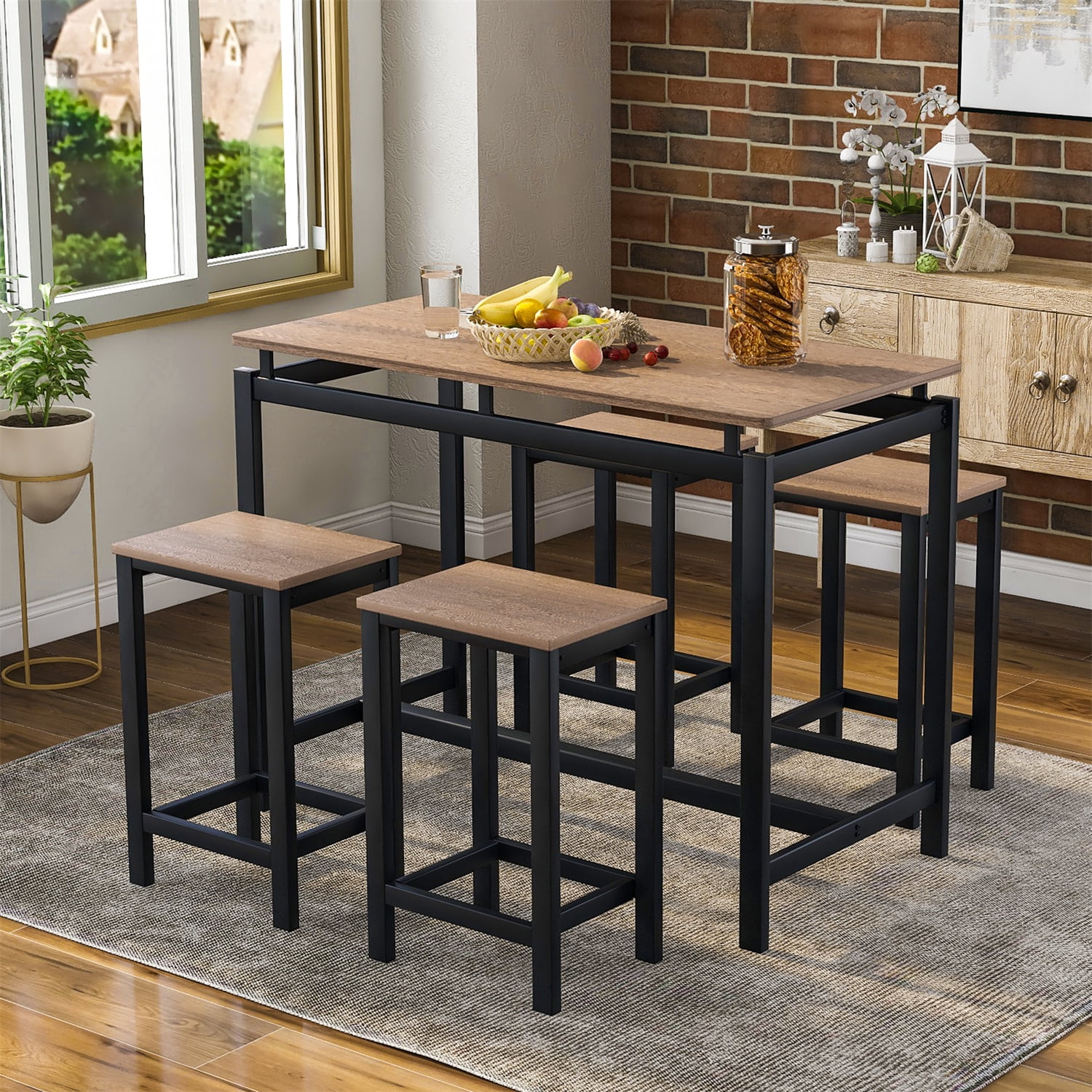 Dining Table Set 5-Piece Dining Chair, Modern Bar Table and Stools ...
