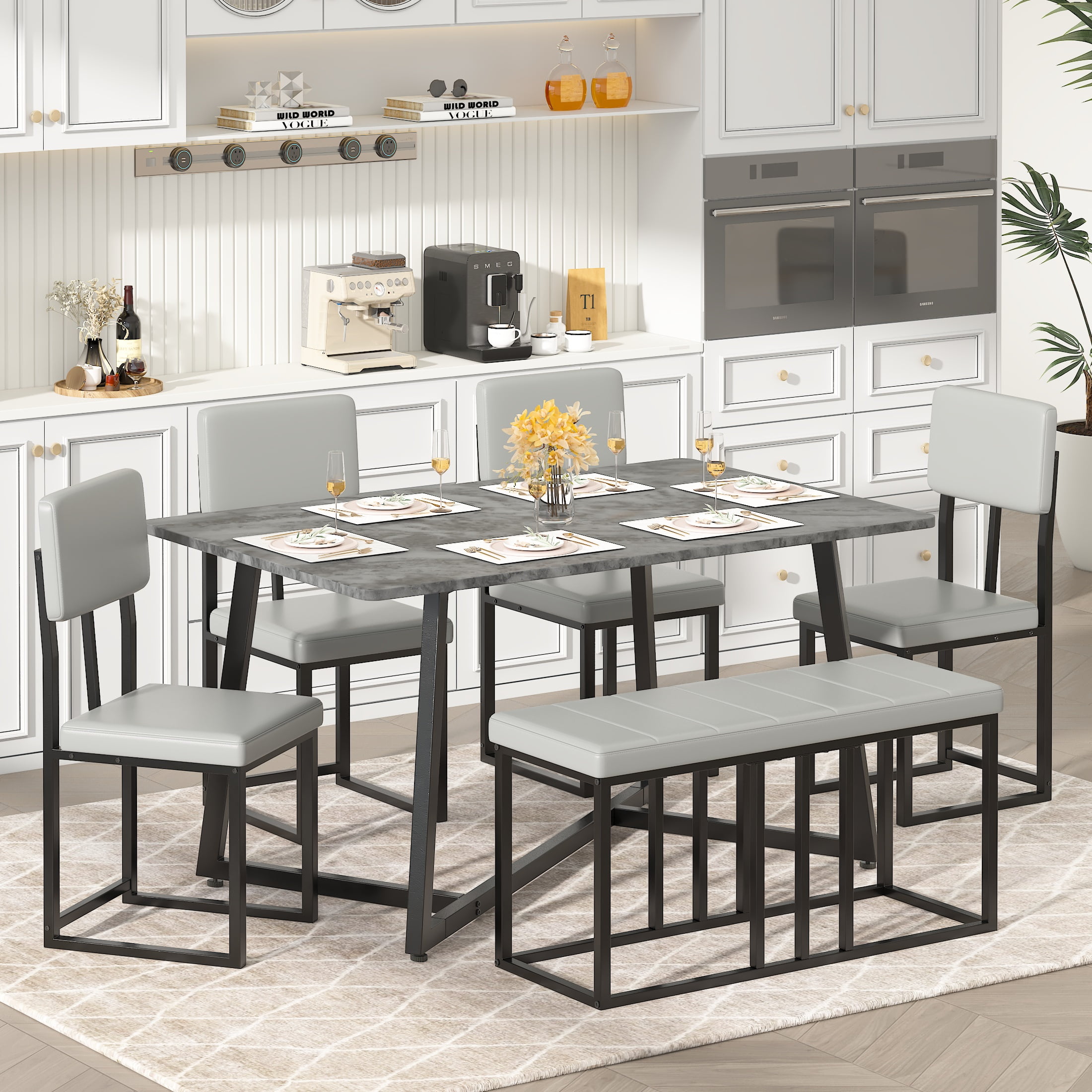 6-Piece Modern Dining Set, Table, Bench & 4 Chairs, Upholstered, Brown ...