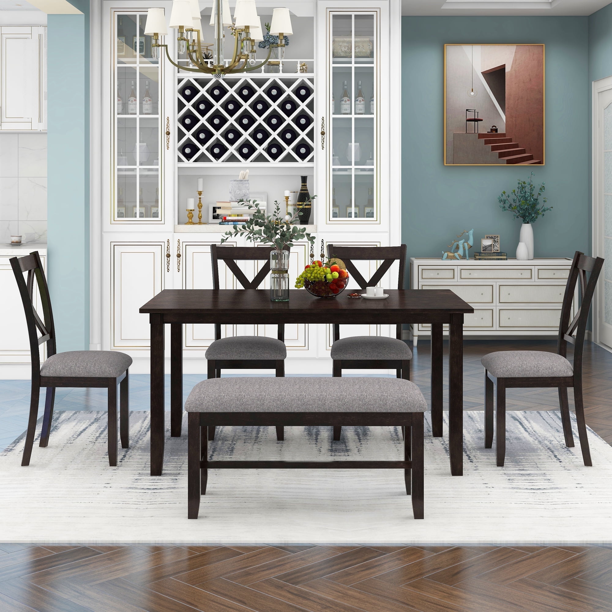 Dining Table Set for 6, 6 Piece Wood Rectangular Table and 4 ...