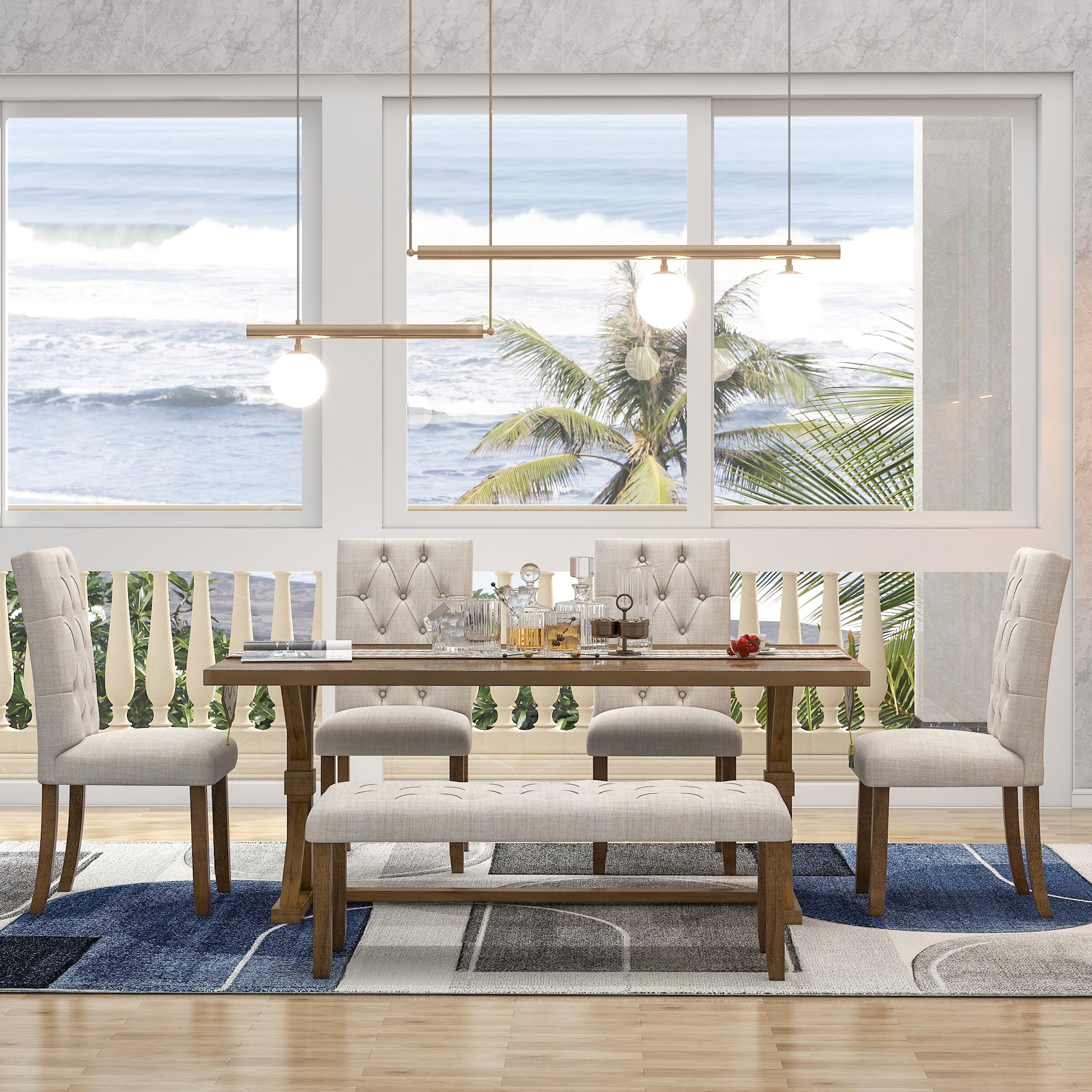 Dining Table Set for 6, 6 Piece Wood Rectangular 72" Table and 4 Upholstered Chairs and Bench ...