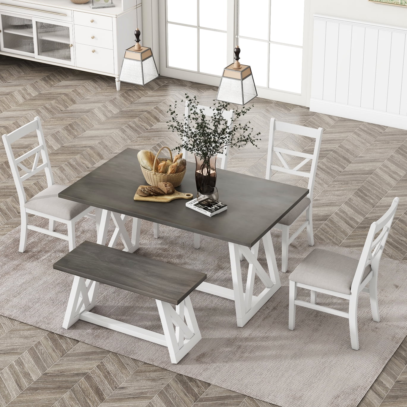 Dining Table Set for 6 with Bench, Farmhouse 6 Piece Dining Table Set ...