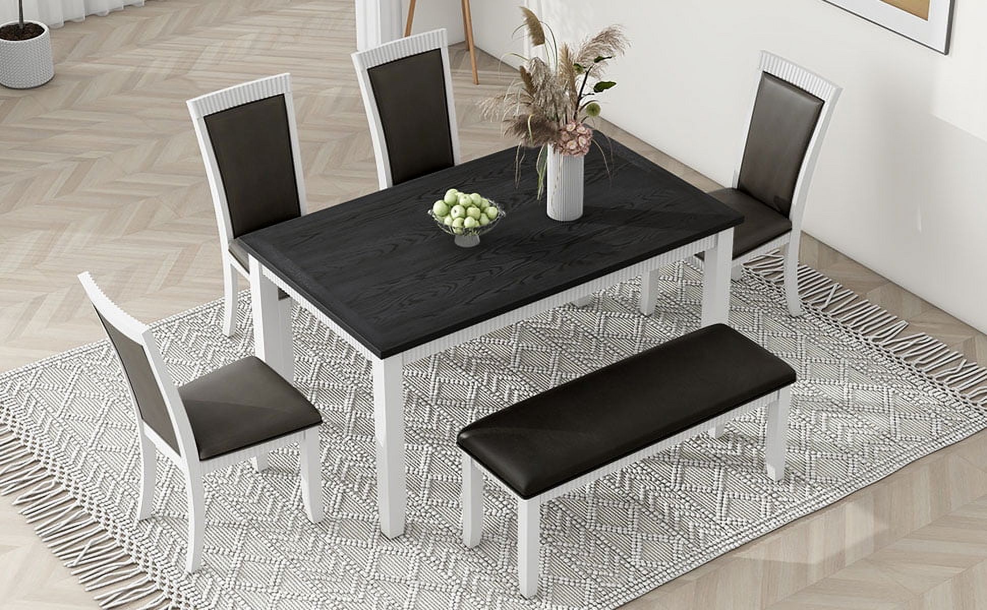 Dining Table Set for 6 with Bench, 6 Piece Rustic Solid Wood Rectangle ...