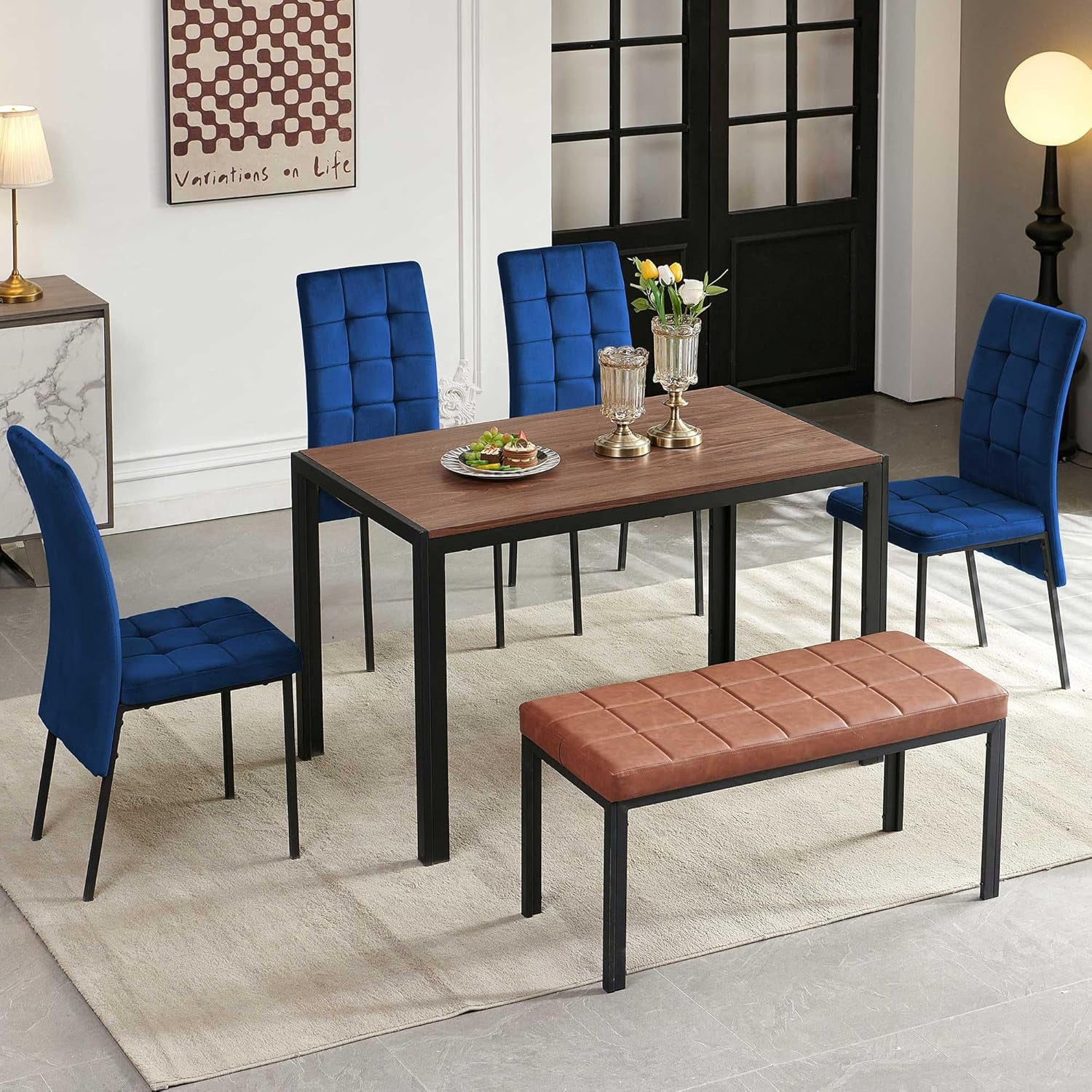 Dining Table Set for 6 with Chairs and Benches, 6 Pieces Kitchen Table ...
