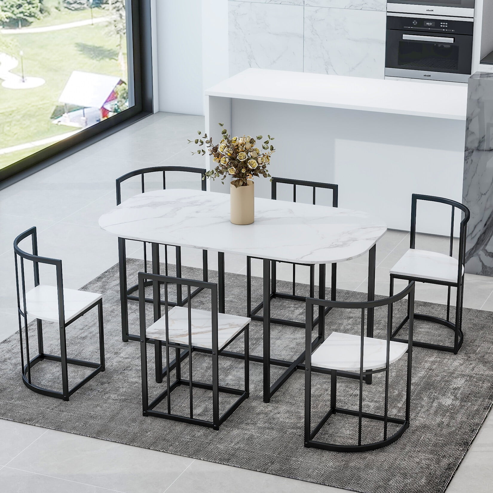 Dining Table Set for 6,Compact 63" Faux Marble Kitchen Table with 6 ...