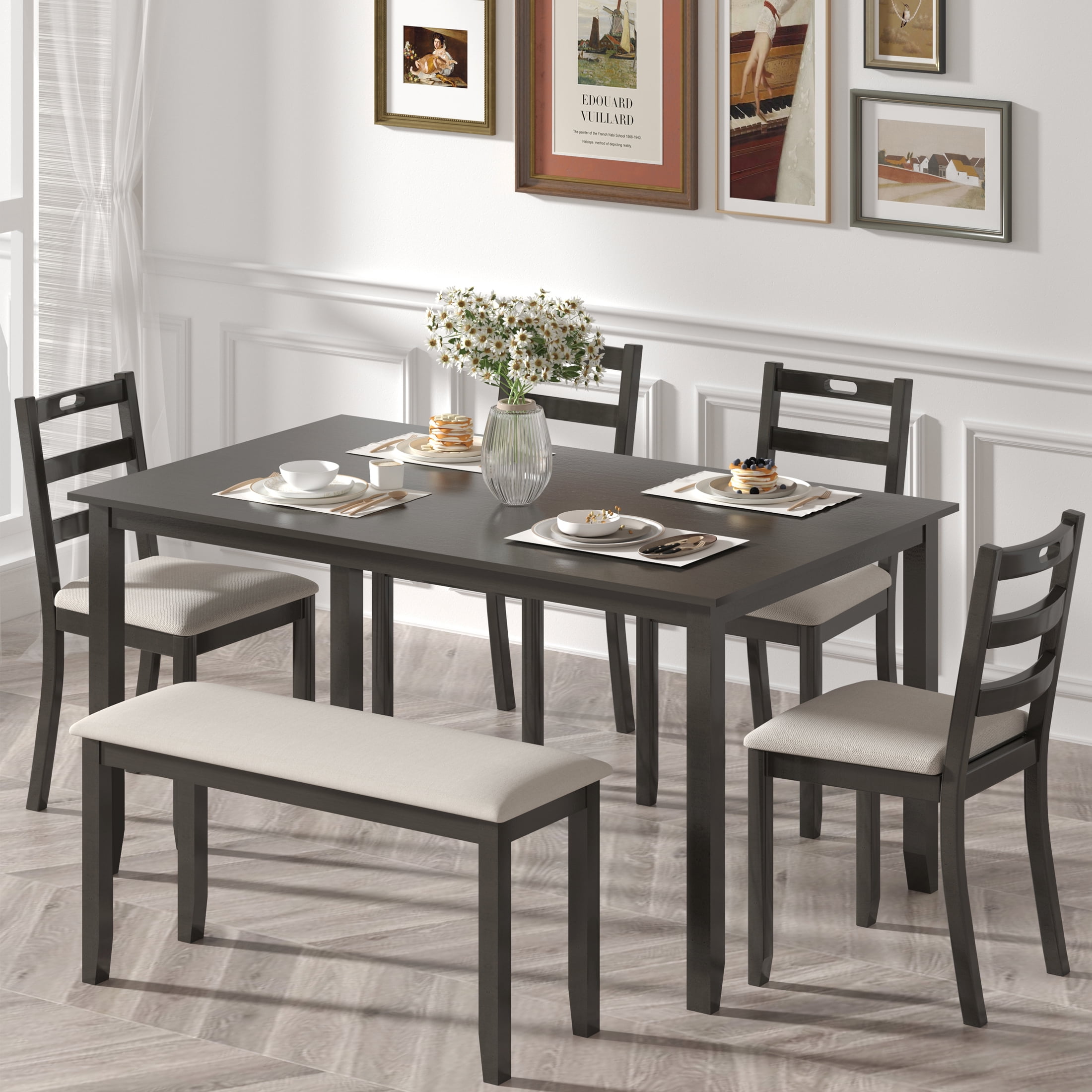 Farmhouse 6-Piece Solid Wood Dining Set with Bench and Upholstered ...