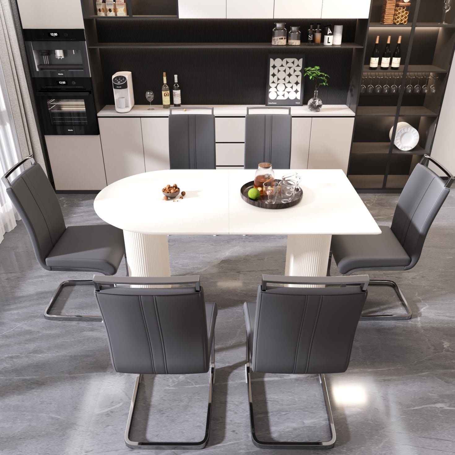 Modern 6-Piece Dining Set with PU Leather Chairs & Silver Metal Legs ...