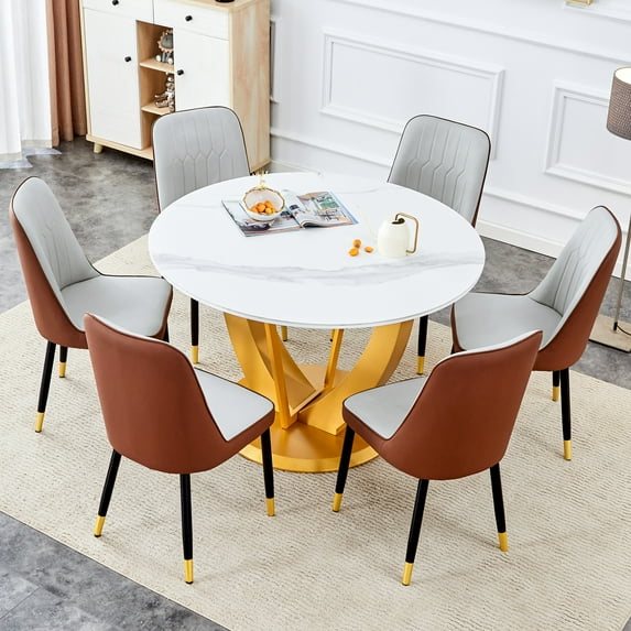 Dining Table Set for 6, Luxurious Snow Mountain White Slab Round Dining ...