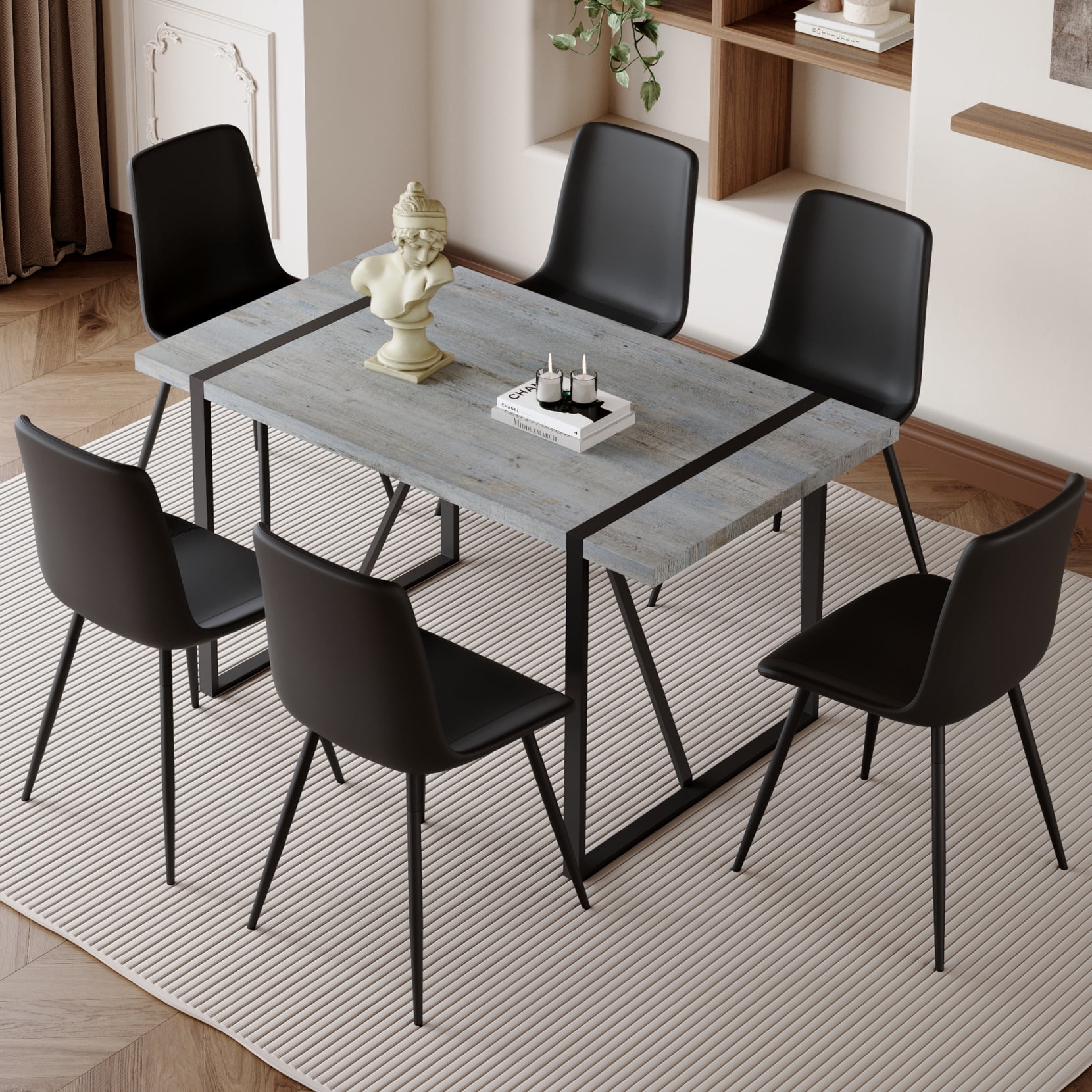 Dining Table Set for 6, Marble Textured MDF Dining Table with Metal ...