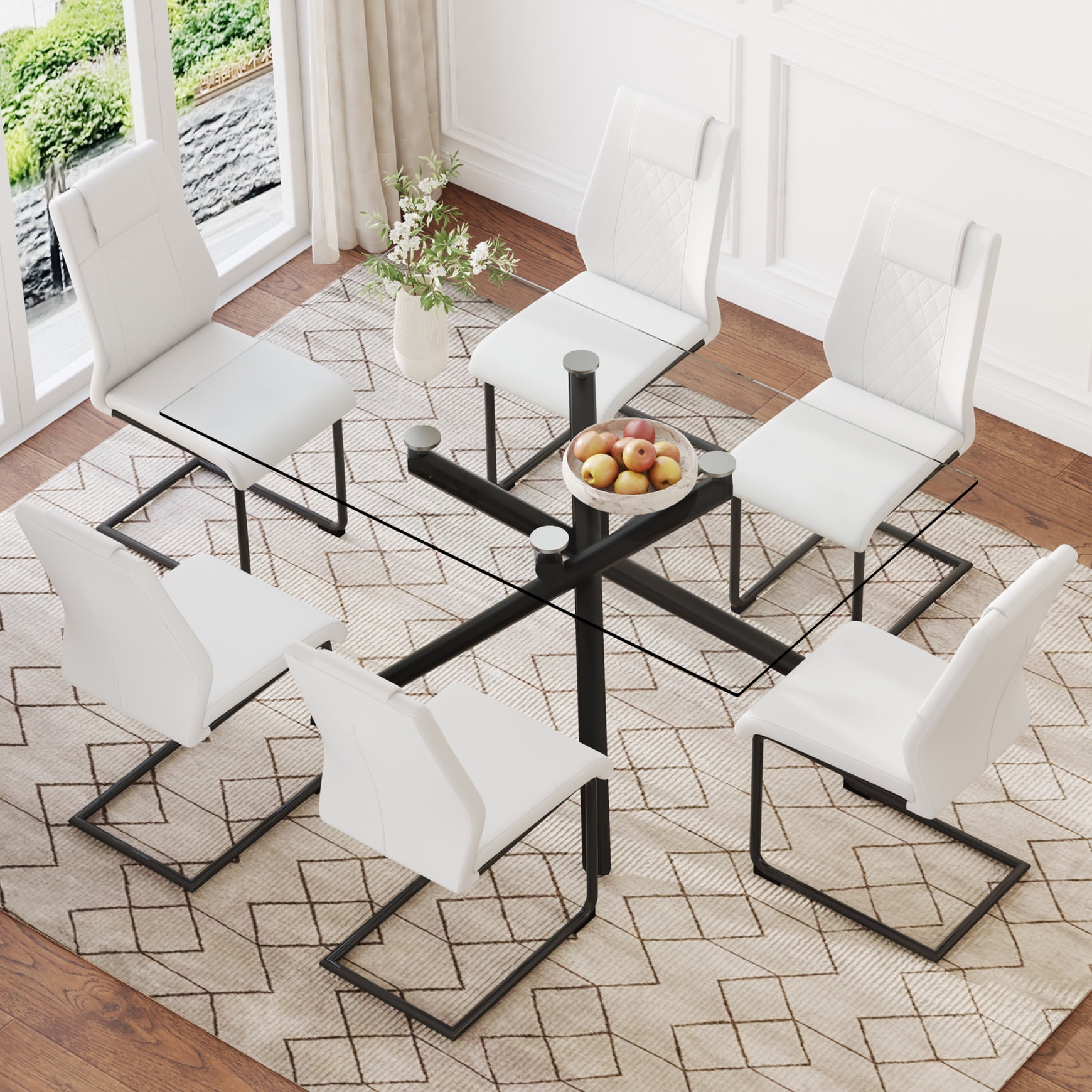 Dining Table Set of 6, Modern 0.4 Inch Rectangular Tempered Glass ...