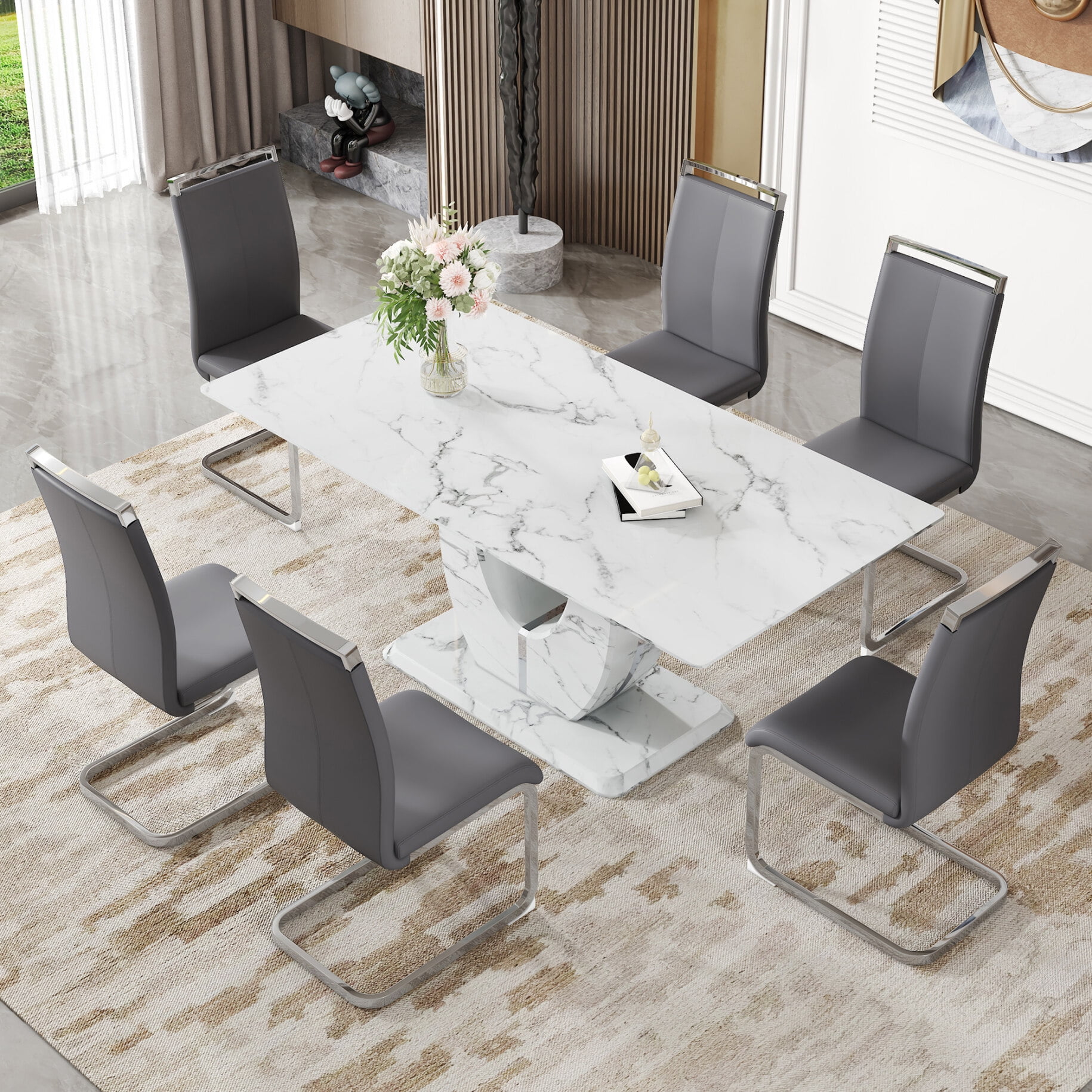 Dining Table Set for 6, Modern Kitchen Table Set with 71" Marble ...